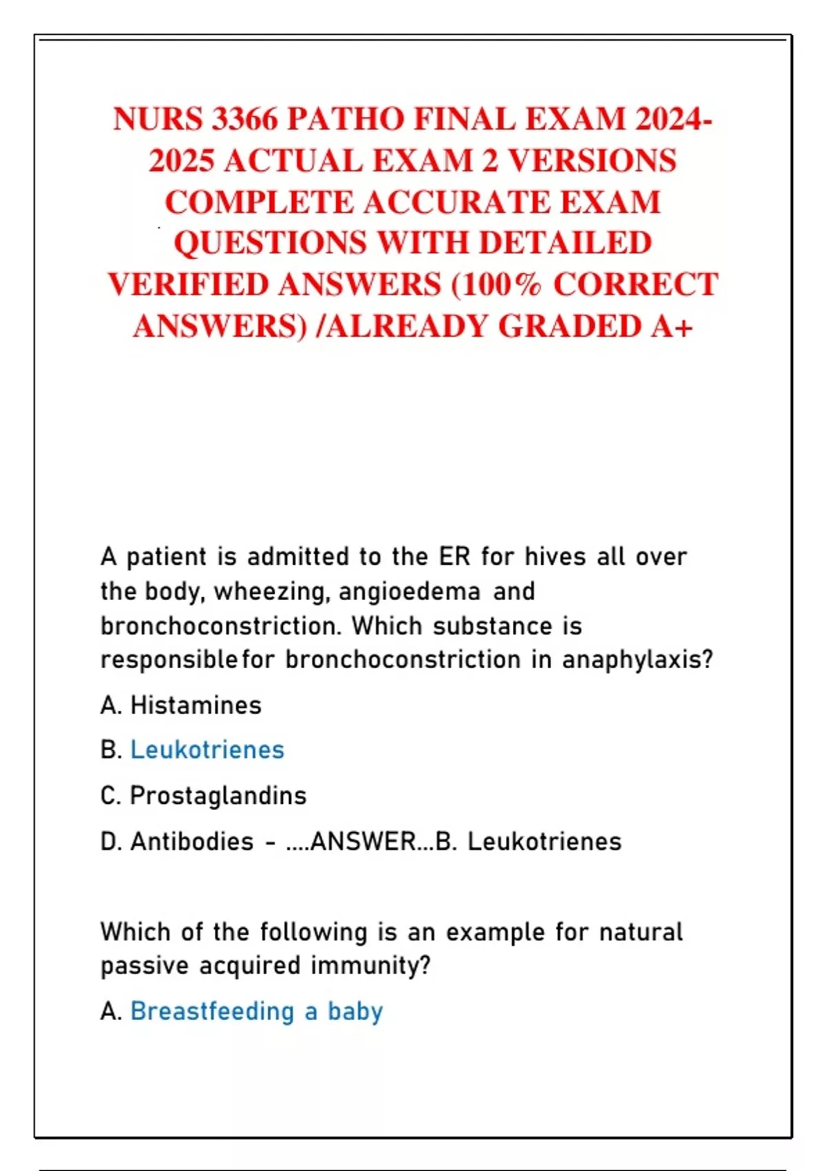 NURS 3366 PATHO FINAL EXAM ACTUAL EXAM 2 VERSIONS COMPLETE ACCURATE ...
