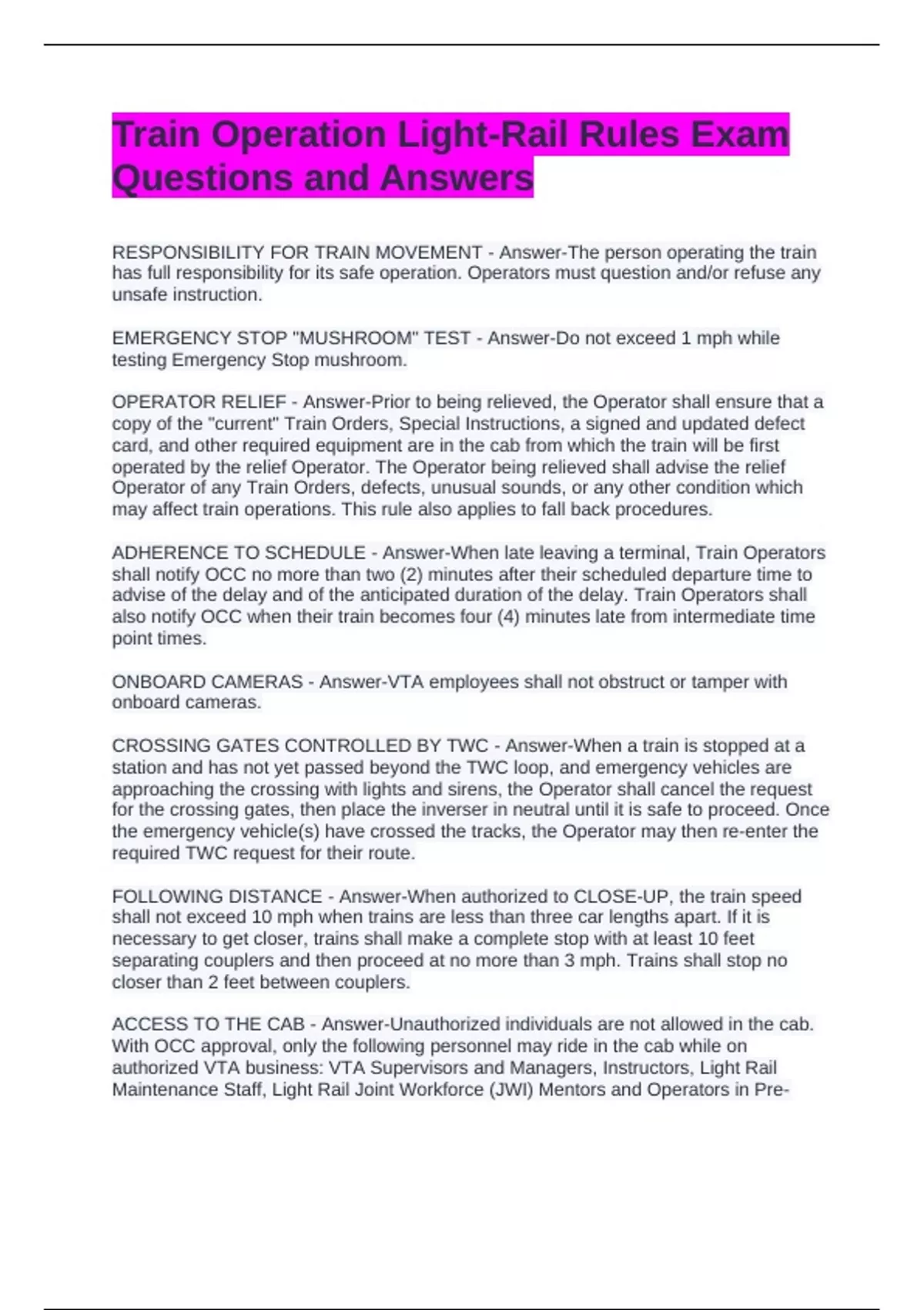 Train Operation Light-Rail Rules Exam Questions and Answers - Railroad ...