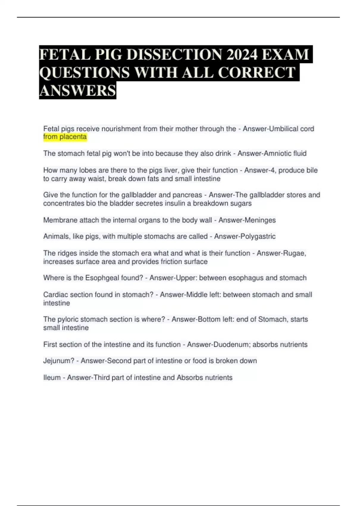 FETAL PIG DISSECTION 2024 EXAM QUESTIONS WITH ALL CORRECT ANSWERS ...