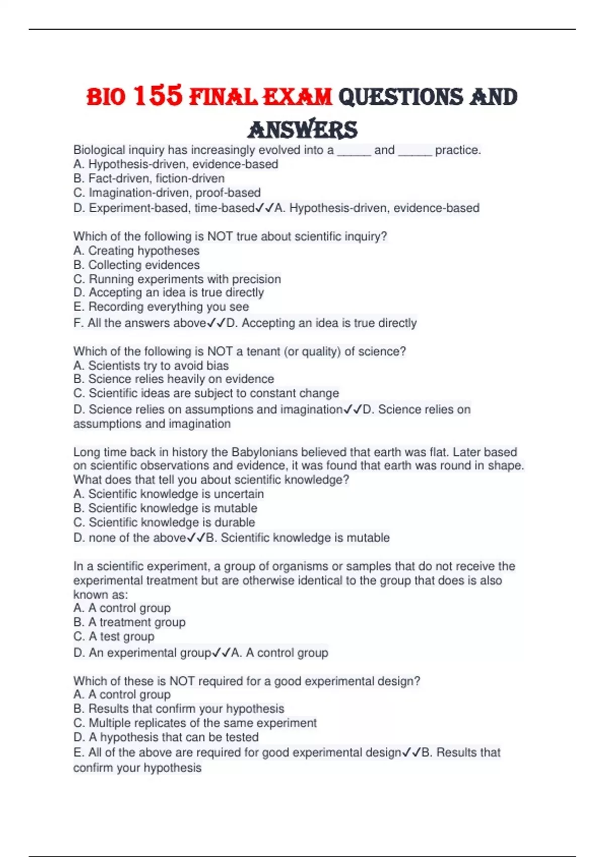 BIO 155 Final Exam questions and answers - BIO 155 - Stuvia US