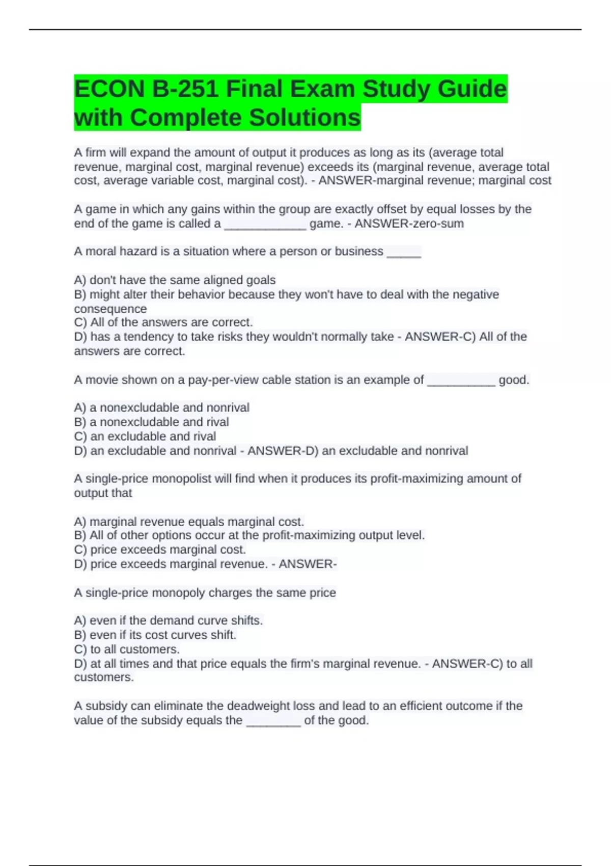 ECON B-251 Final Exam Study Guide with Complete Solutions - ECON B-251 ...