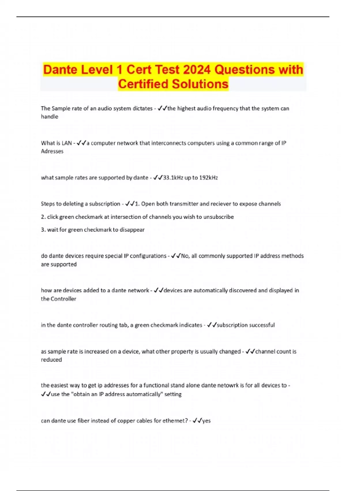 Dante Level 1 Cert Test 2024 Questions with Certified Solutions ...