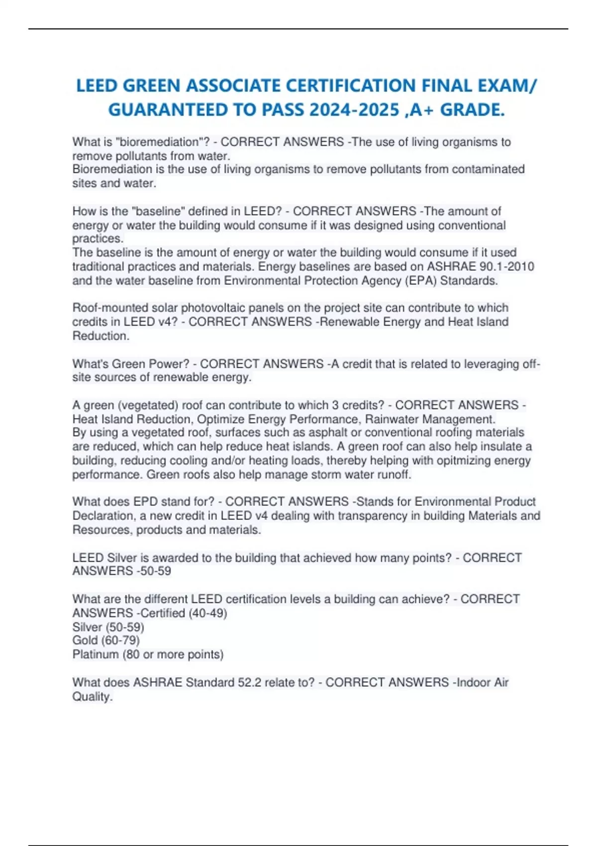 LEED GREEN ASSOCIATE CERTIFICATION FINAL EXAM/ GUARANTEED TO PASS ,A+ ...