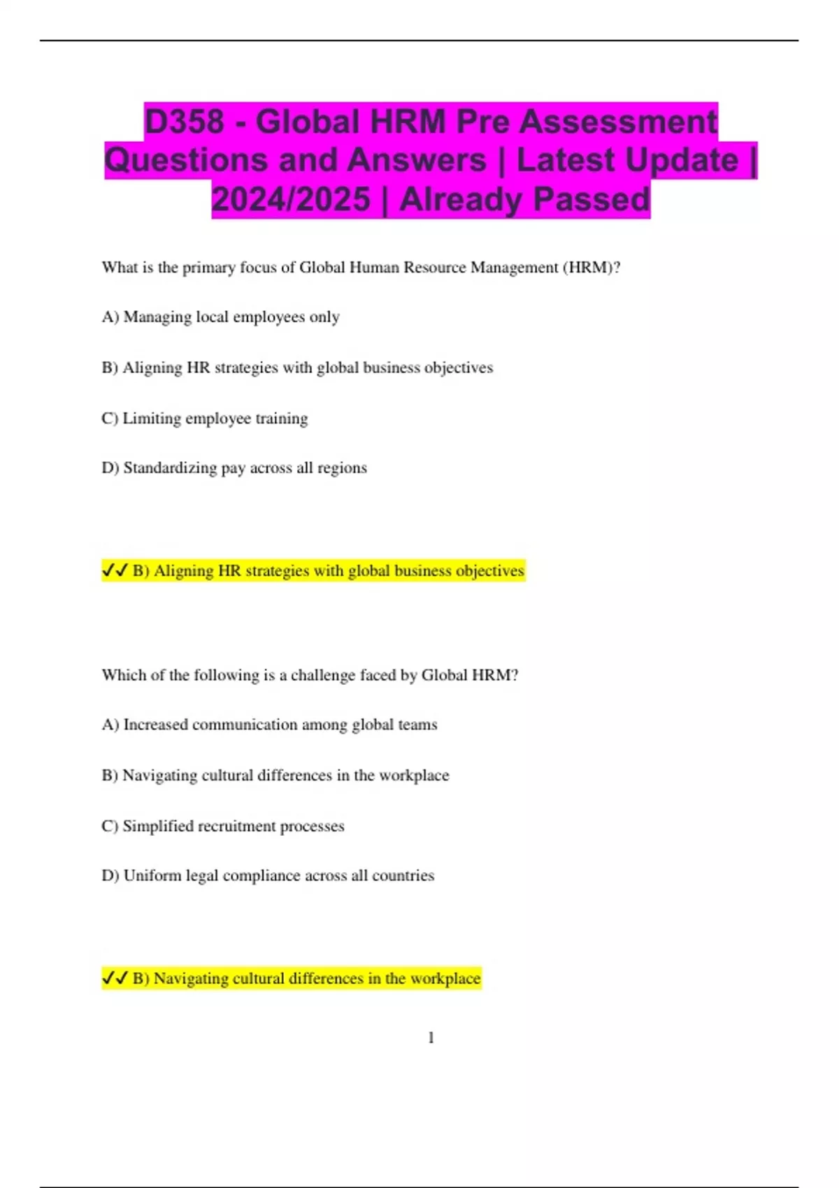 D358 - Global HRM Pre Assessment Questions and Answers | Latest Update ...