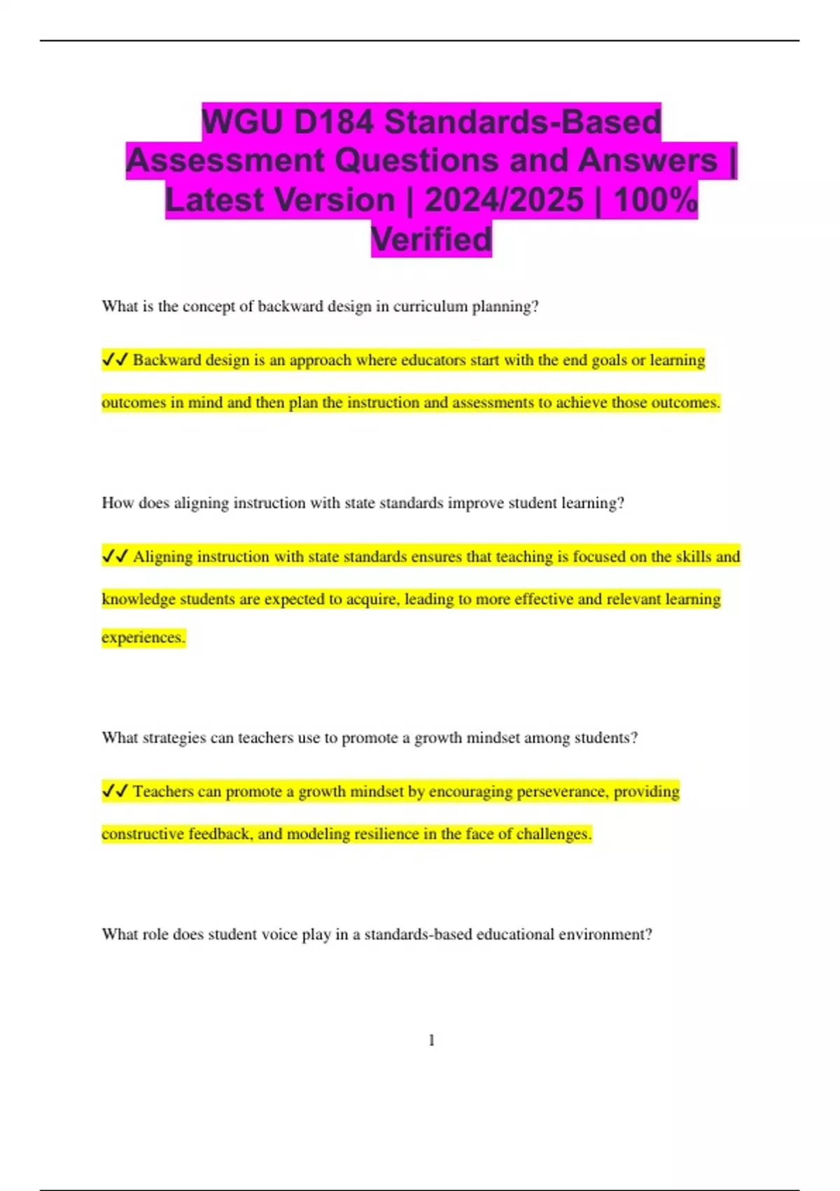 WGU D184 Standards-Based Assessment Questions and Answers | Latest ...