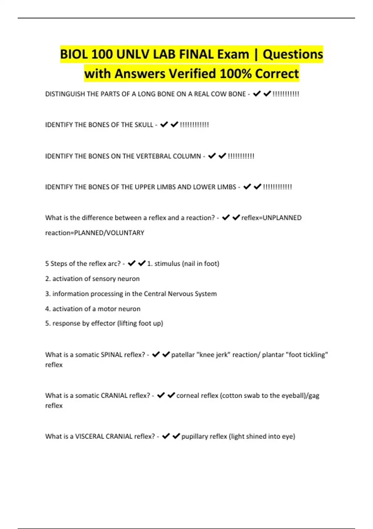 BIOL 100 UNLV LAB FINAL Exam | Questions with Answers Verified 100% ...