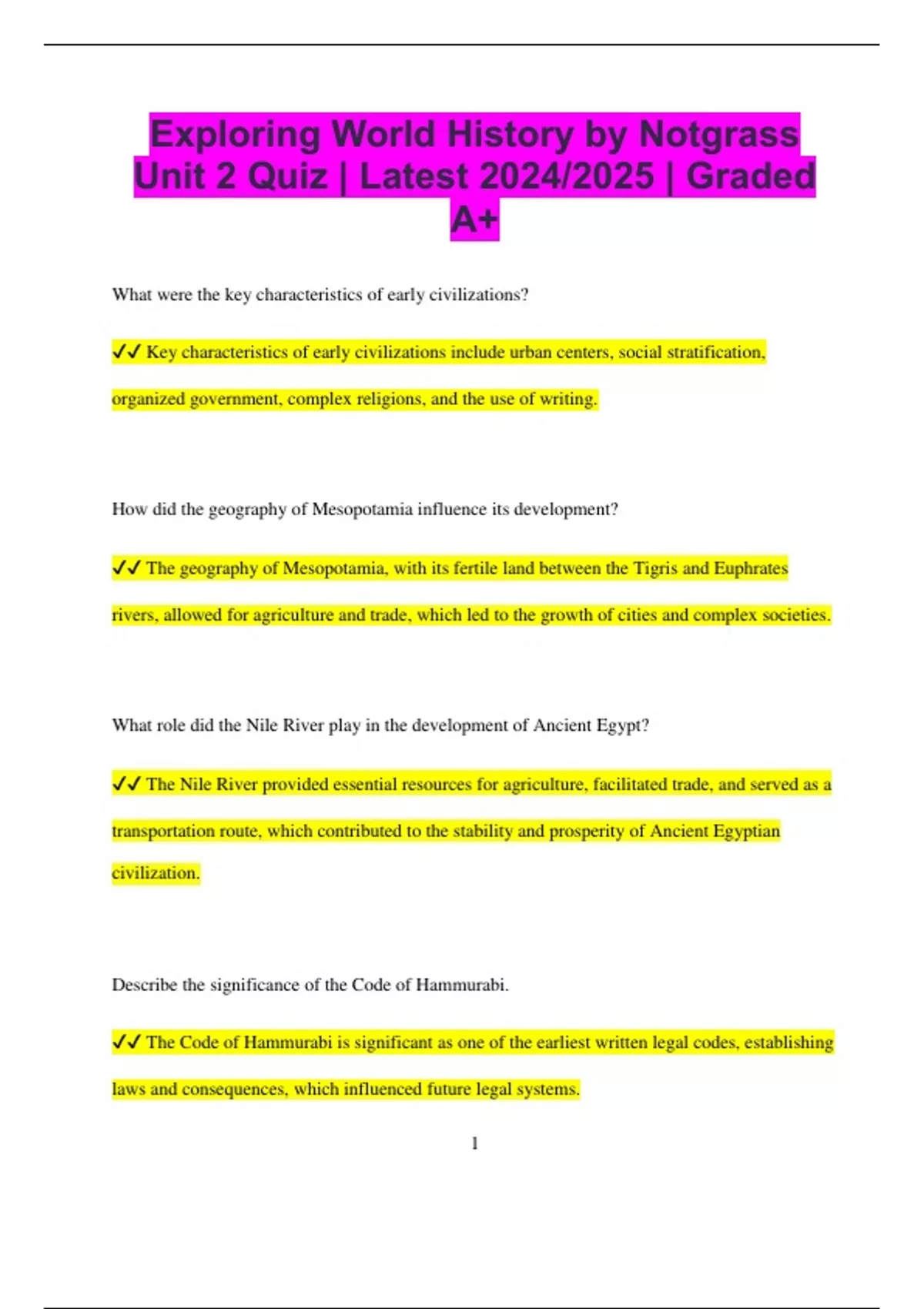 Exploring World History by Notgrass Unit 2 Quiz | Latest 2024/2025 ...