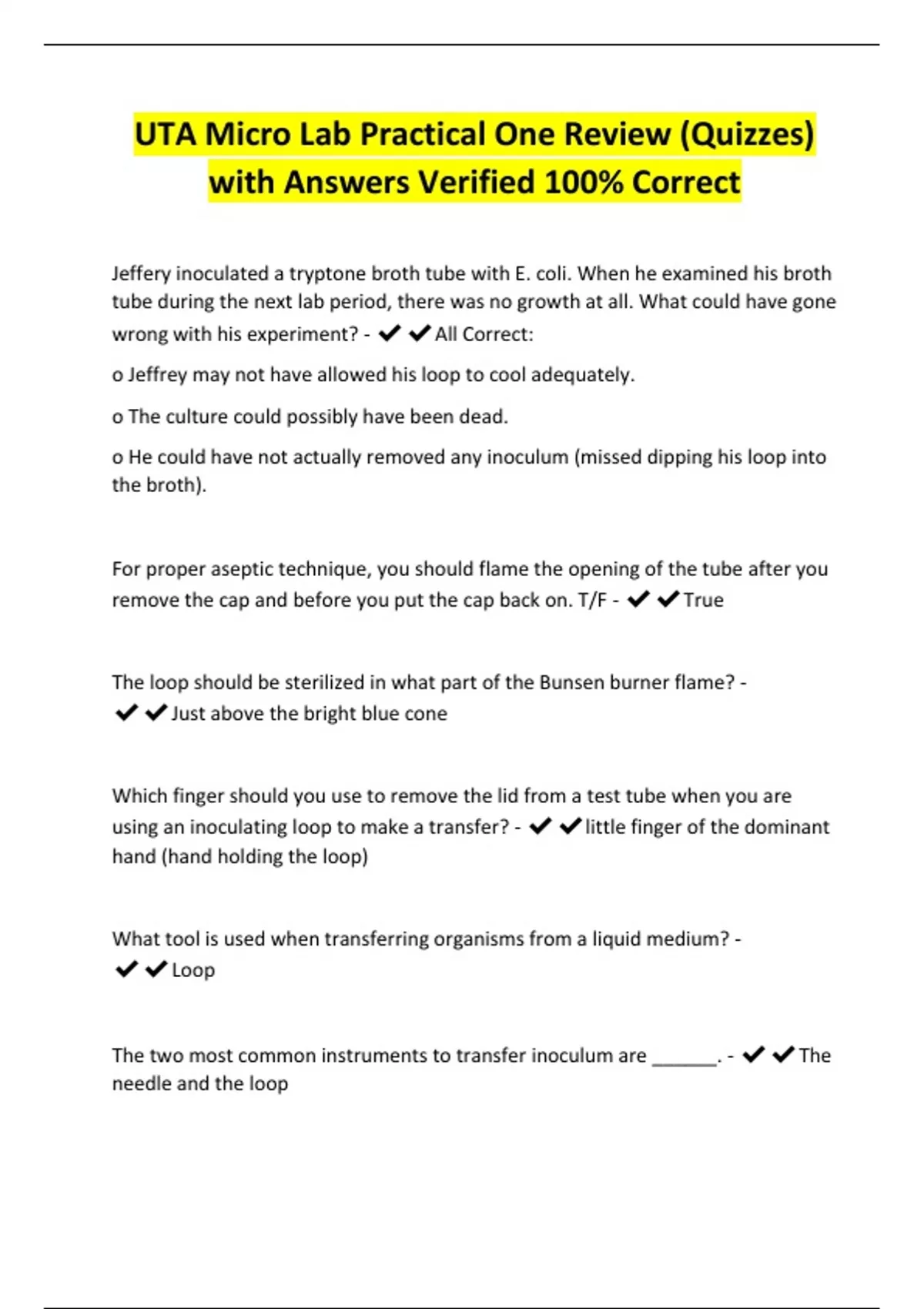 UTA Micro Lab Practical One Review (Quizzes) with Answers Verified 100% Correct - UTA Micro Lab ...
