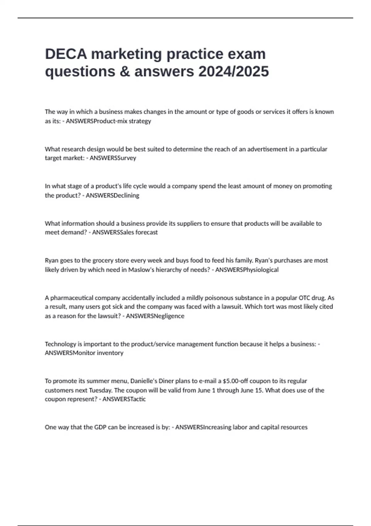 DECA marketing practice exam questions & answers 2024/2025 - DECA - Stuvia US