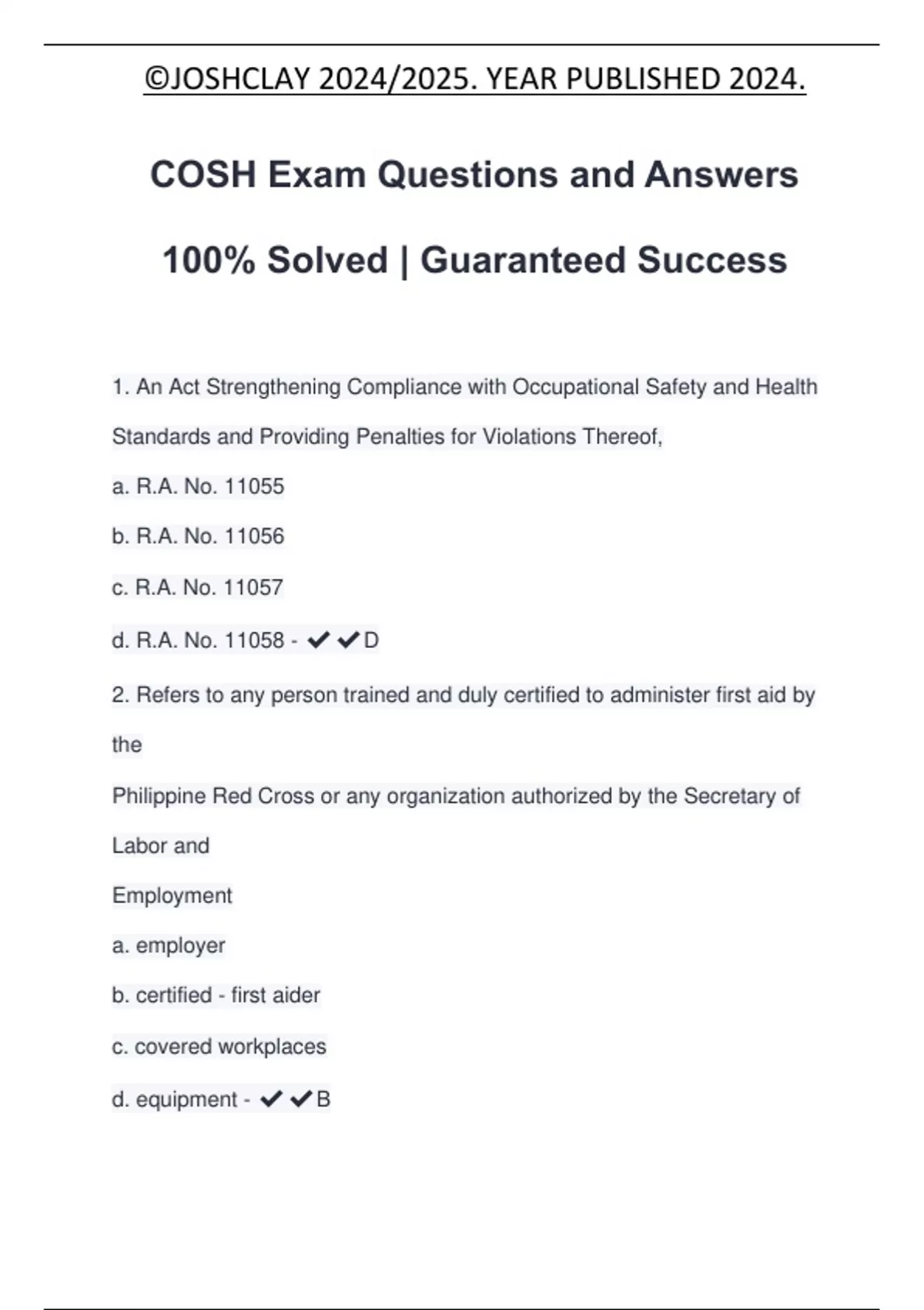 COSH Exam Questions and Answers 100% Solved | Guaranteed Success - COSH ...