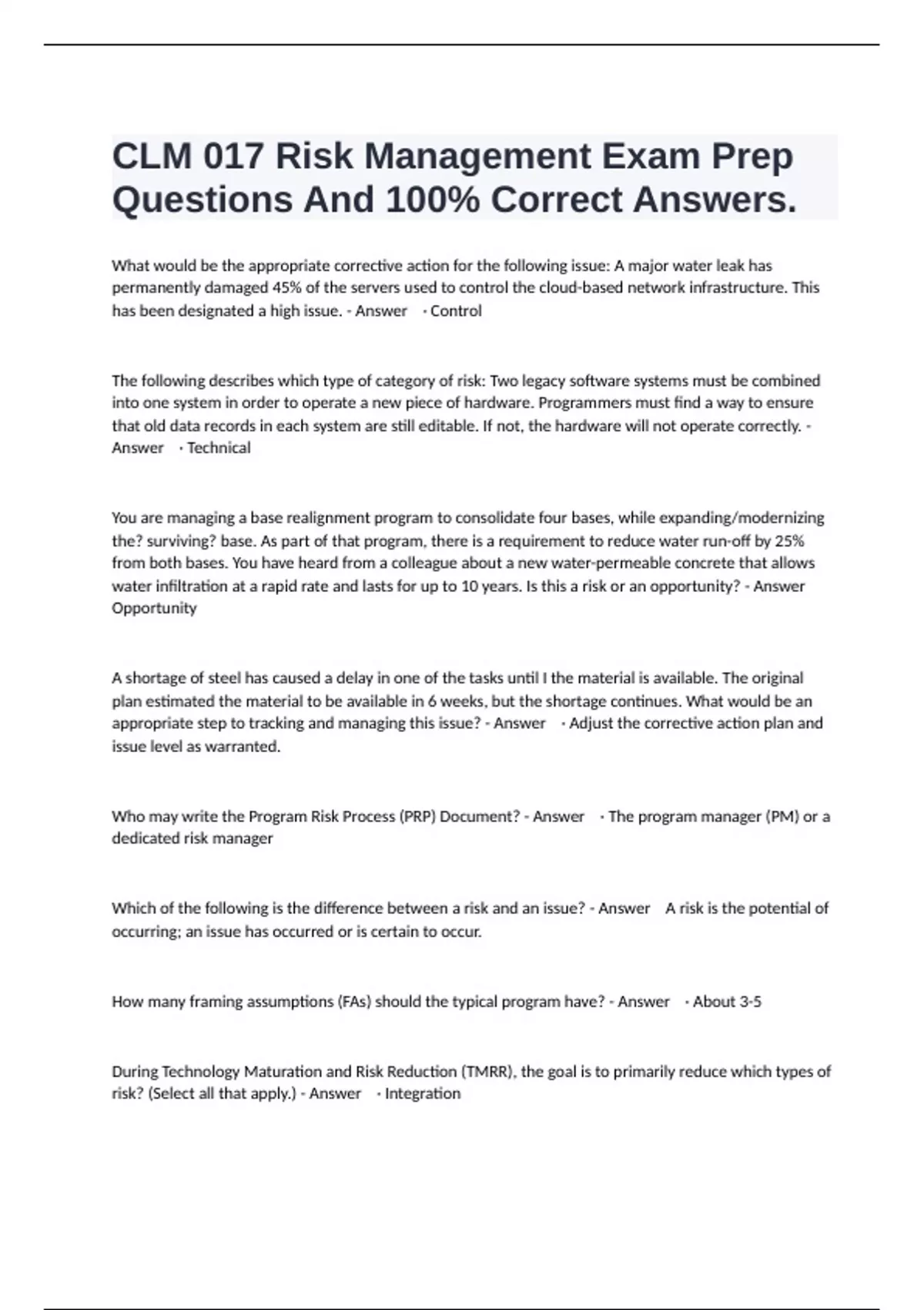 CLM 017 Risk Management Exam Prep Questions And 100% Correct Answers ...