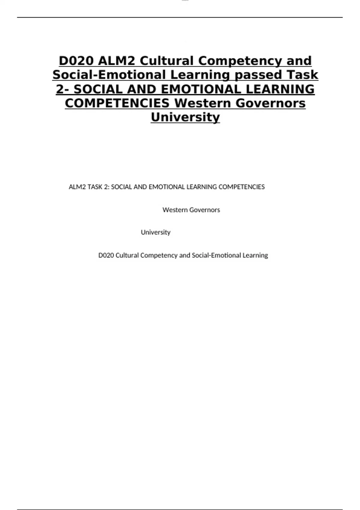 D020 ALM2 Cultural Competency and Social-Emotional Learning passed Task 2- SOCIAL AND EMOTIONAL ...