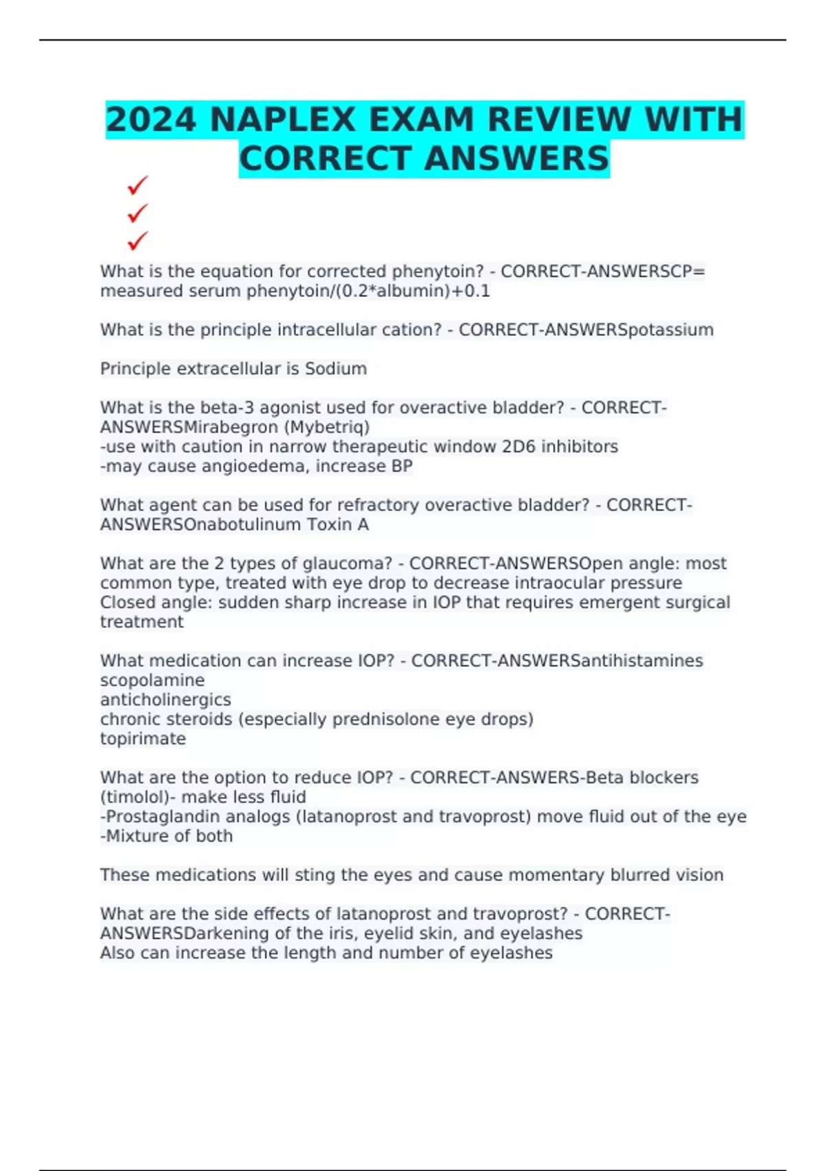 2024 NAPLEX EXAM REVIEW WITH CORRECT ANSWERS - NAPLEX - Stuvia US