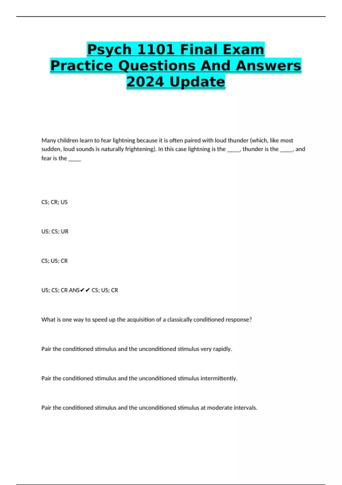 Psych 1101 Final Exam Practice Questions And Answers 2024 Update ...