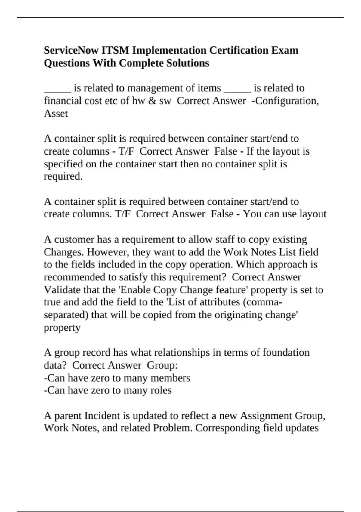 ServiceNow ITSM Implementation Certification Exam Questions With Complete Solutions - ServiceNow ...