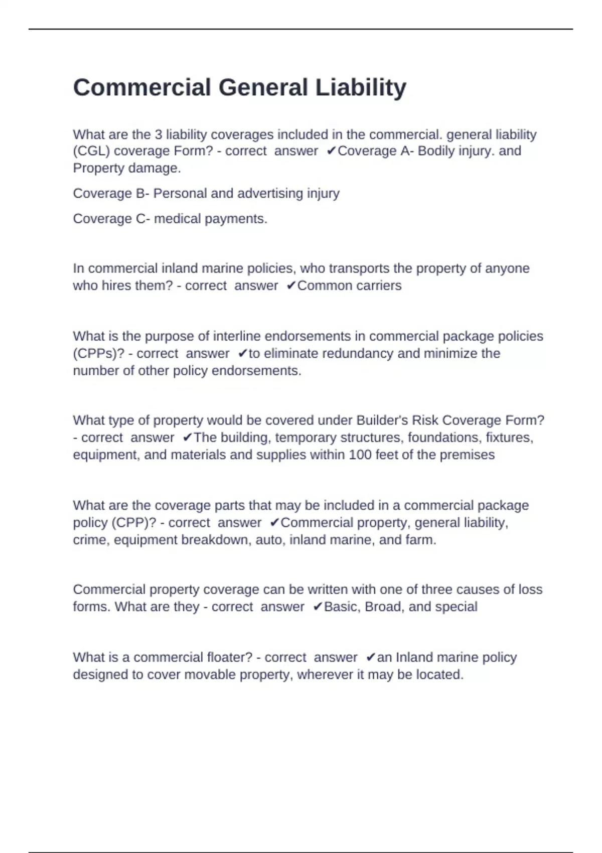 Commercial General Liability Questions with complete solution 2024/2025 ...