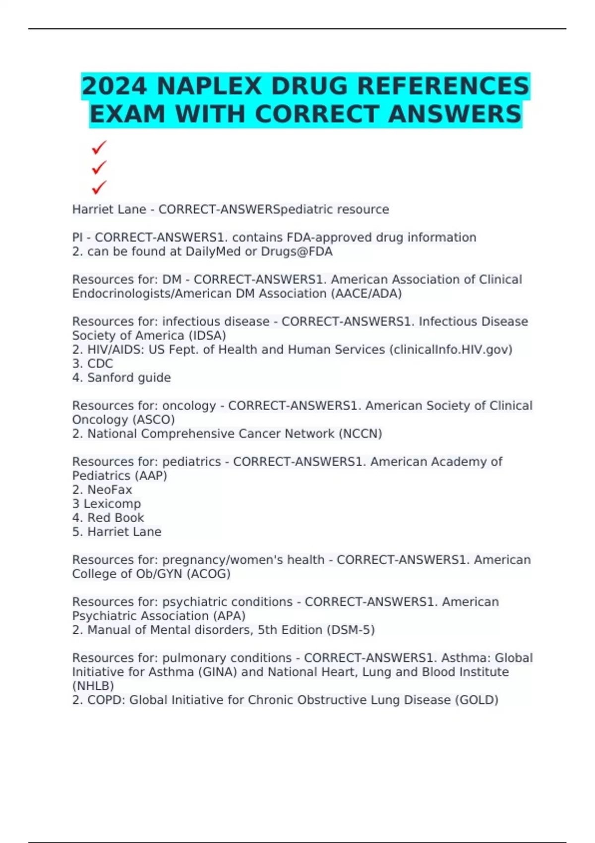 2024 NAPLEX DRUG REFERENCES EXAM WITH CORRECT ANSWERS - NAPLEX DRUG ...