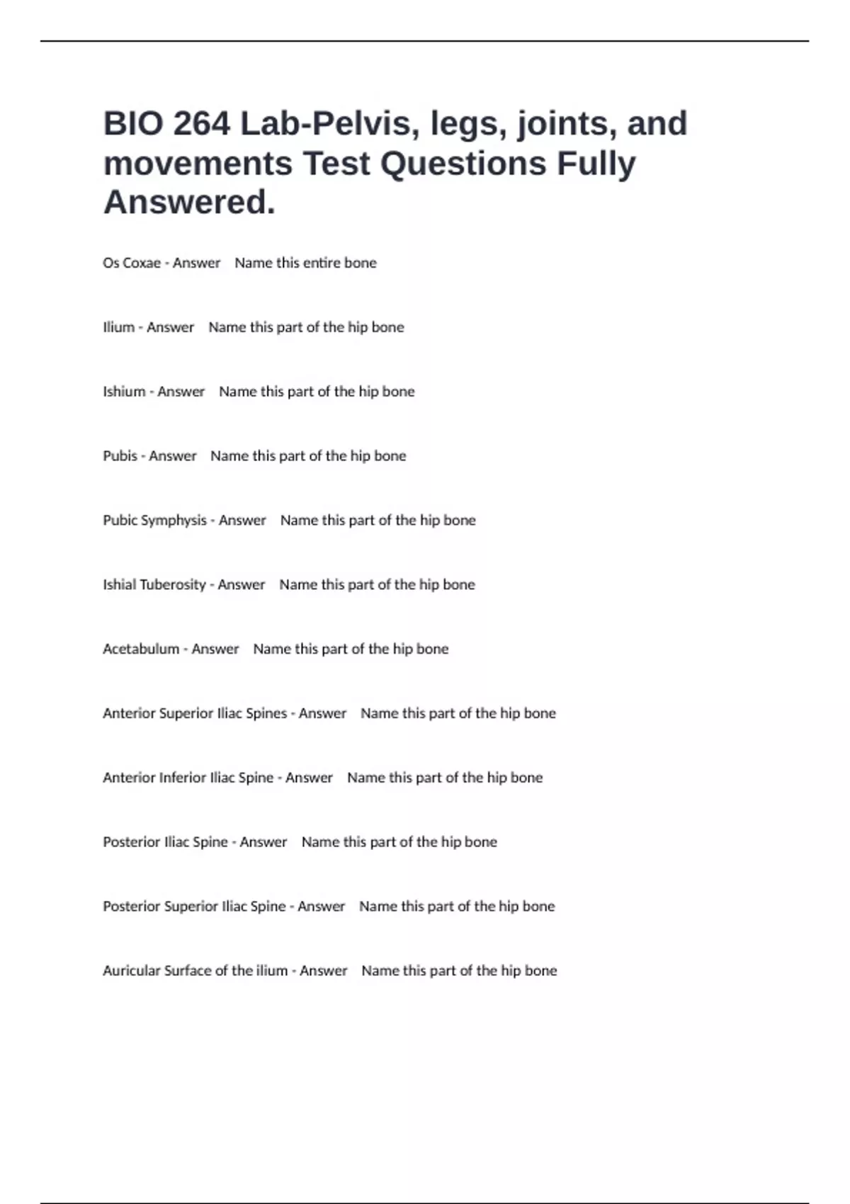 BIO 264 Lab-Pelvis, legs, joints, and movements Test Questions Fully ...