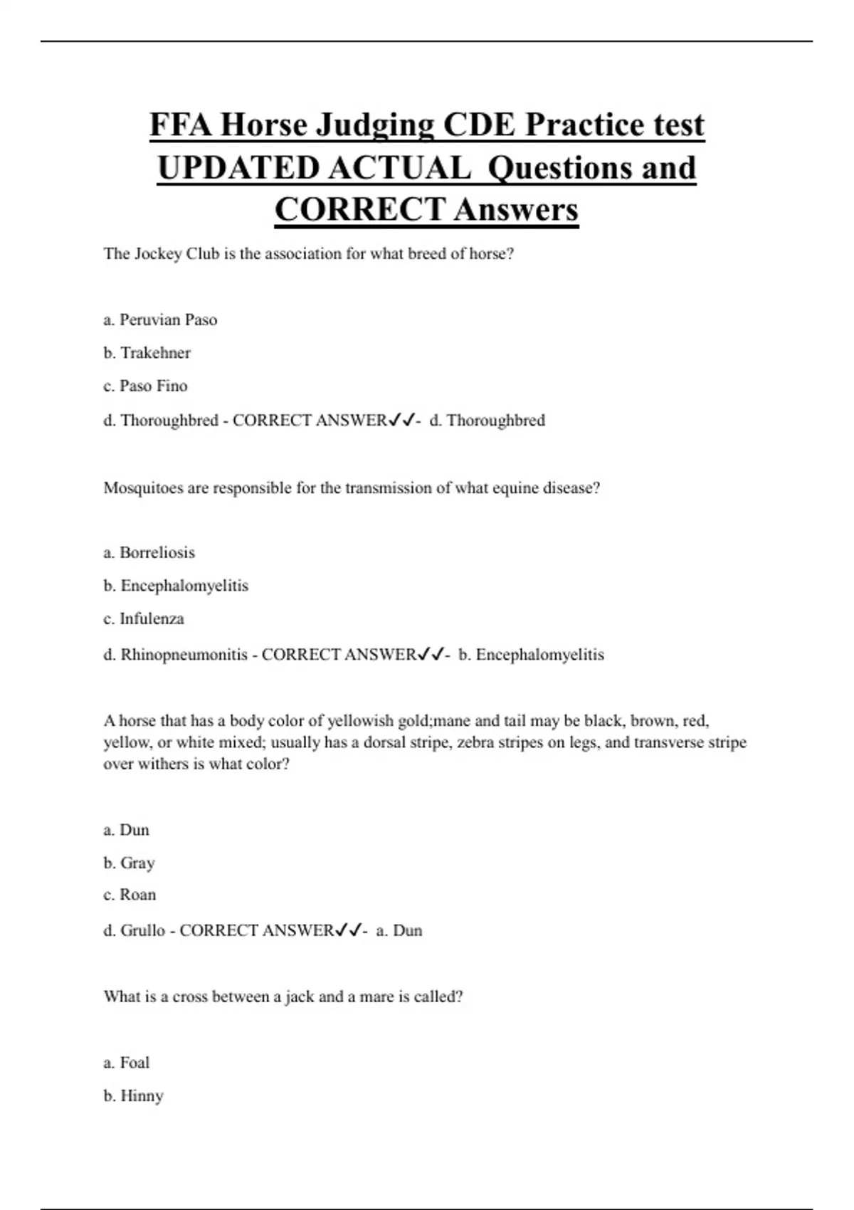 FFA Horse Judging CDE Practice test UPDATED ACTUAL Questions and ...