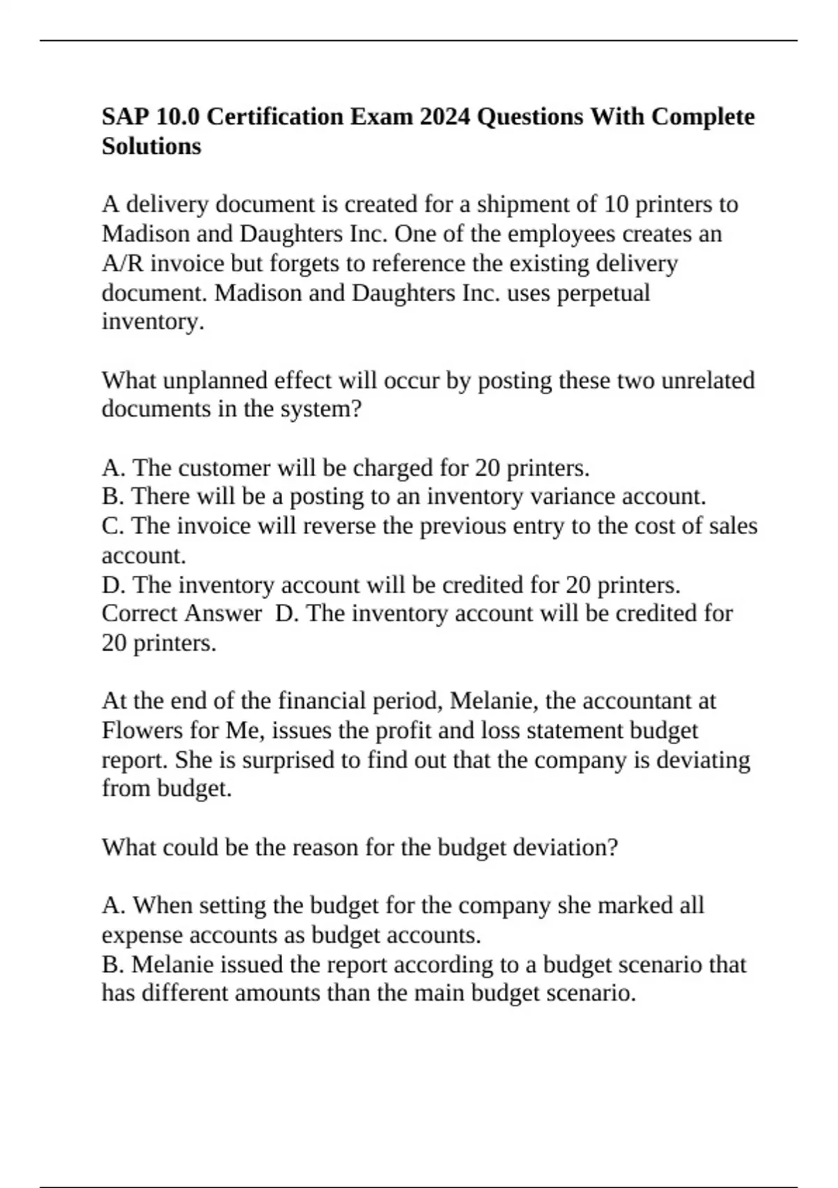 SAP 10.0 Certification Exam 2024 Questions With Complete Solutions - SAP 10.0 Certification ...