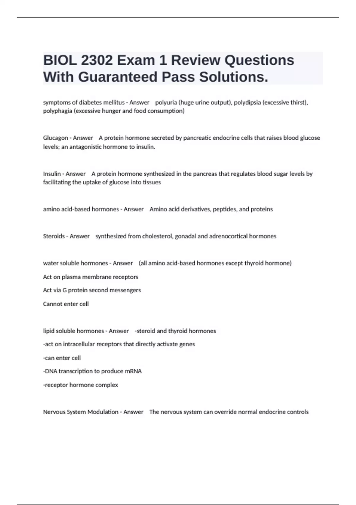 BIOL 2302 Exam 1 Review Questions With Guaranteed Pass Solutions ...