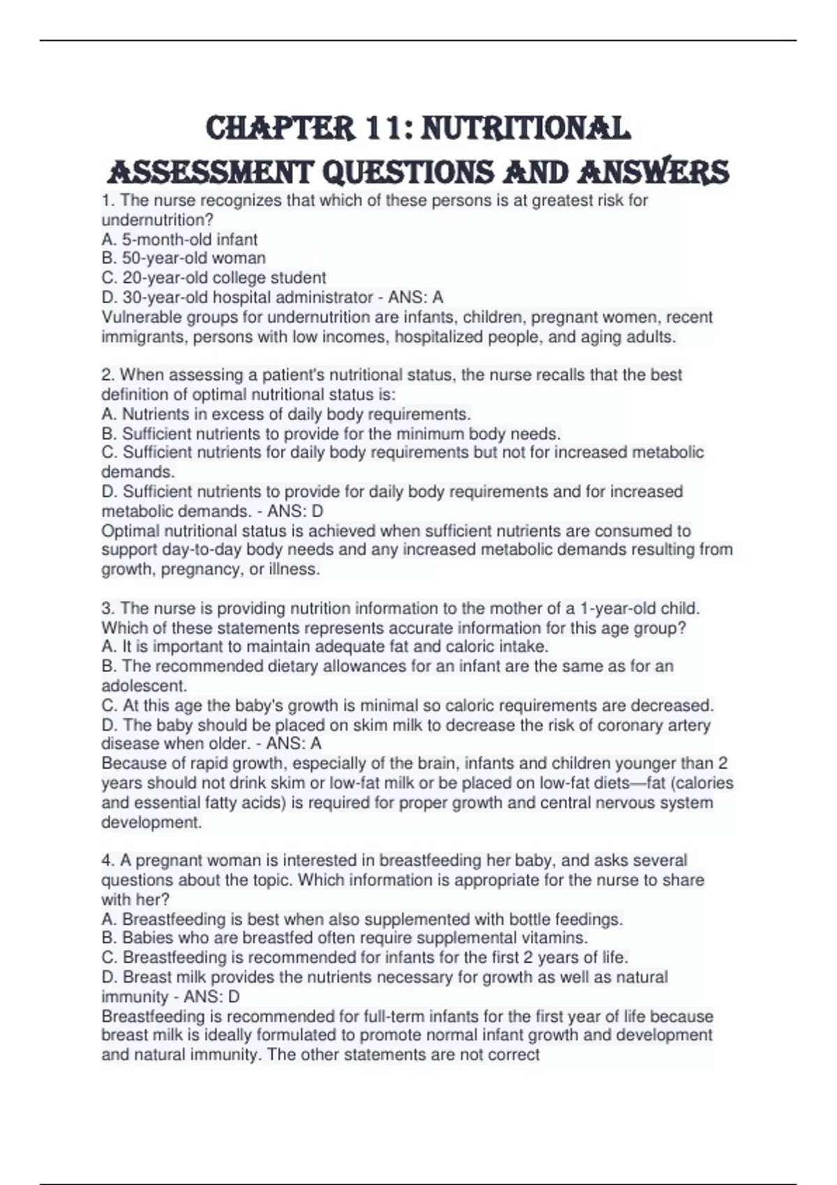 Chapter 11: Nutritional Assessment questions and answers - Nutritional ...