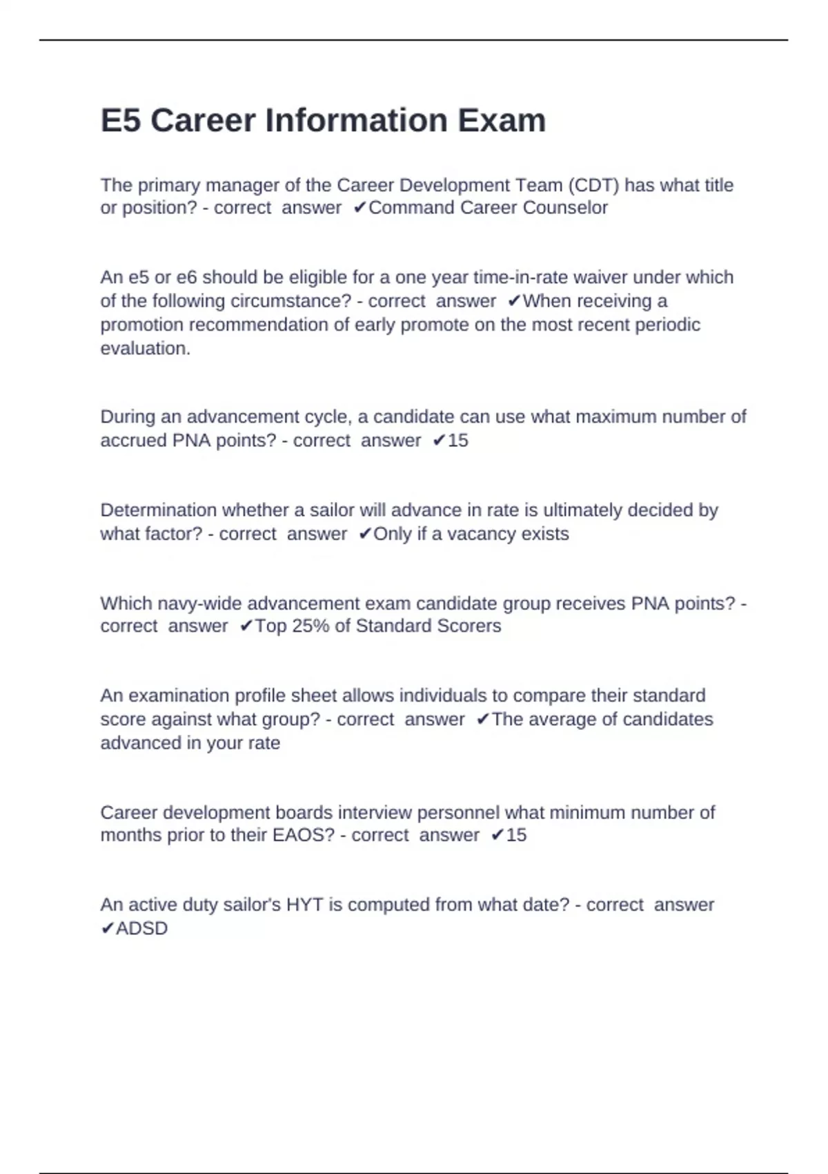 E5 Career Information Exam Question and answers verified to pass 2024/ ...