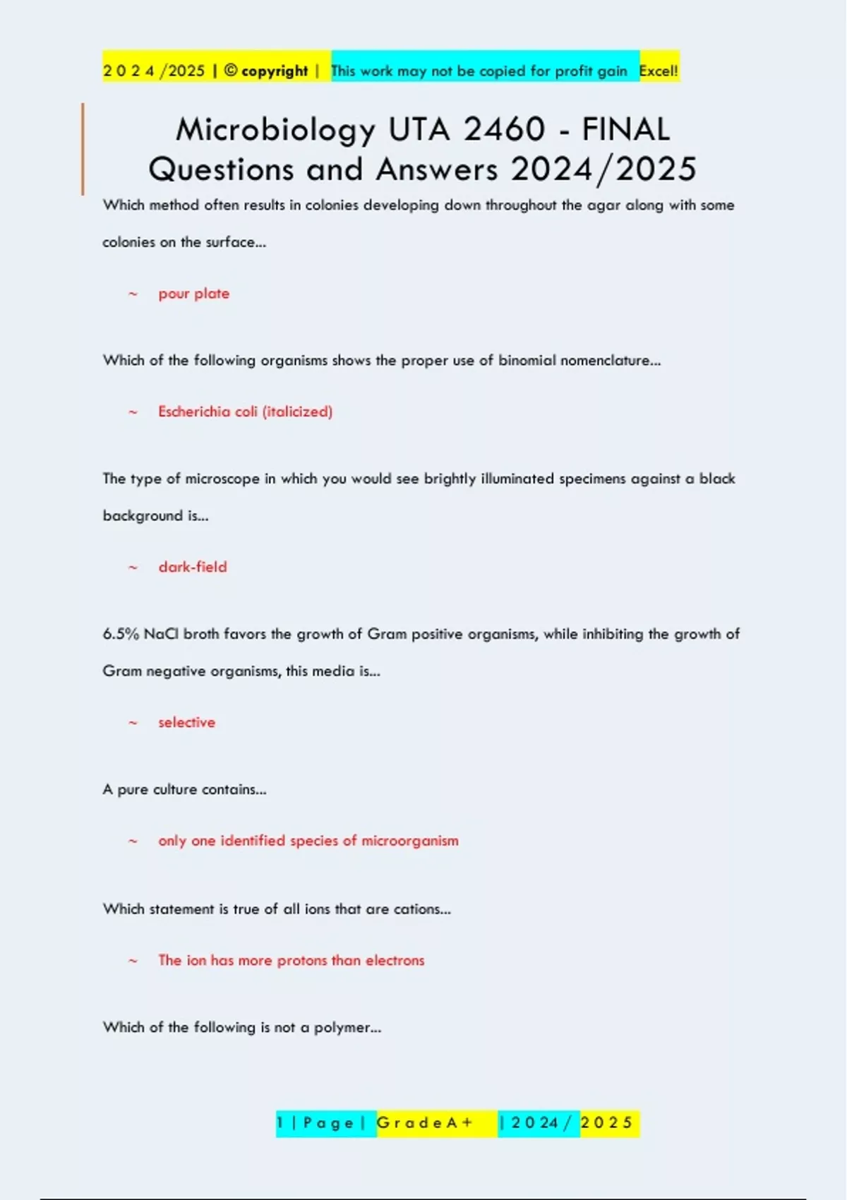 Microbiology UTA 2460 - FINAL Questions and Answers 2024/2025 - MICRO ...