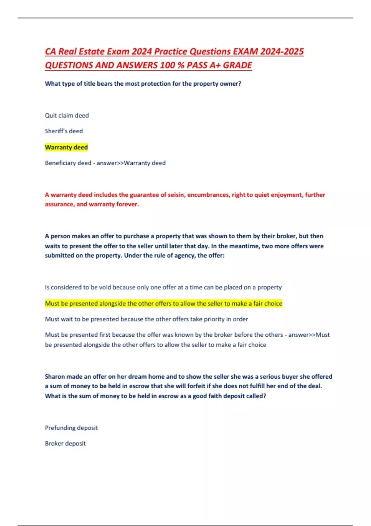 CA Real Estate Exam 2024 Practice Questions EXAM QUESTIONS AND ANSWERS ...