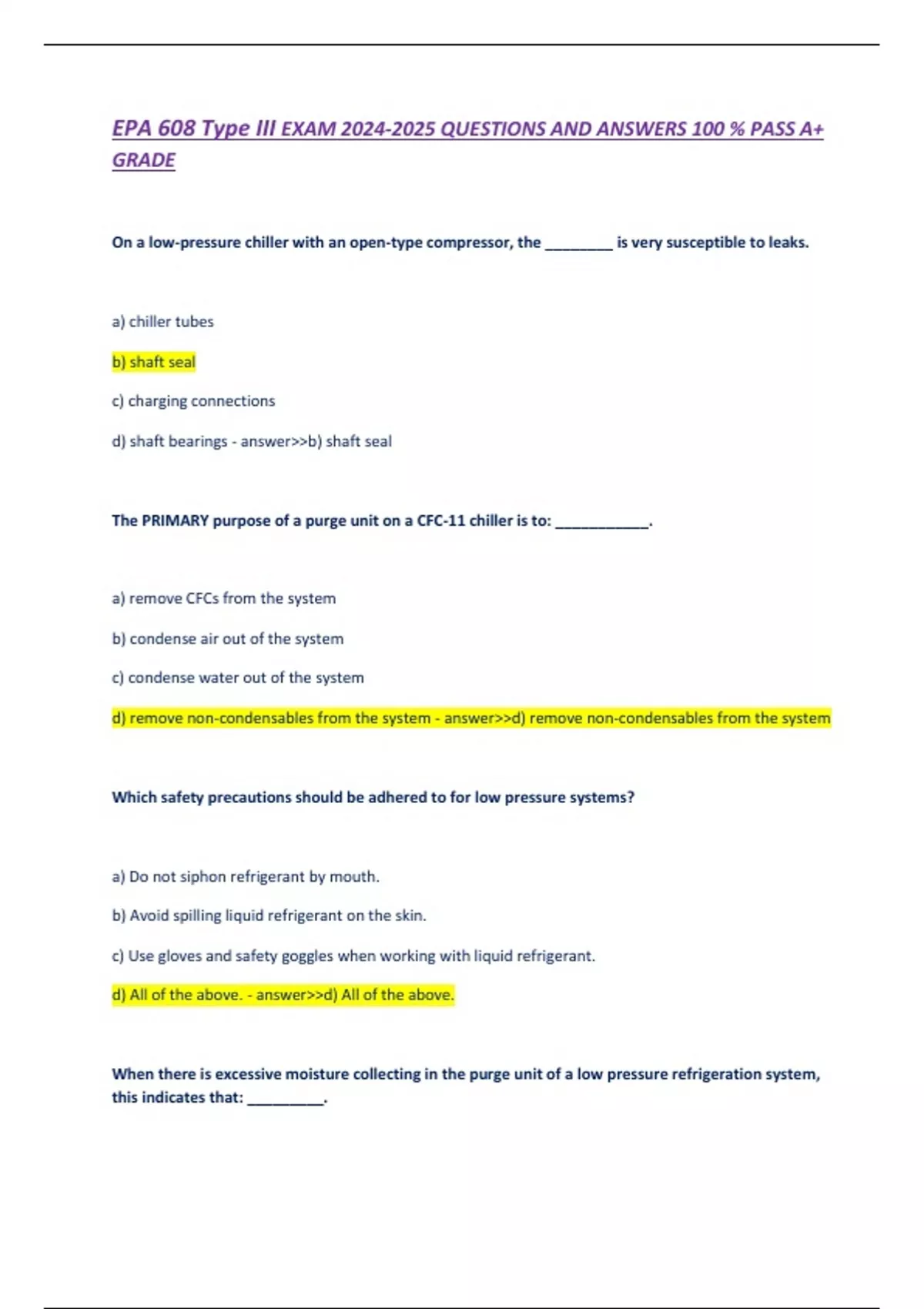 EPA 608 Type III EXAM QUESTIONS AND ANSWERS 100 % PASS A+ GRADE - EPA ...