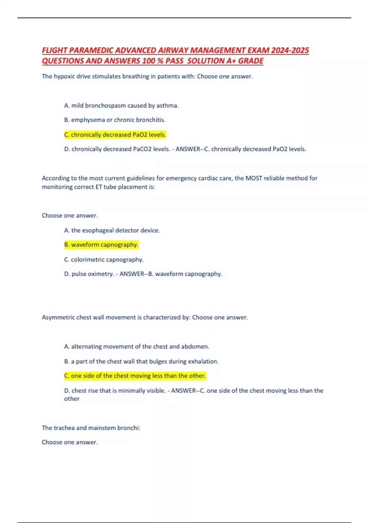 FLIGHT PARAMEDIC ADVANCED AIRWAY MANAGEMENT EXAM QUESTIONS AND ANSWERS ...