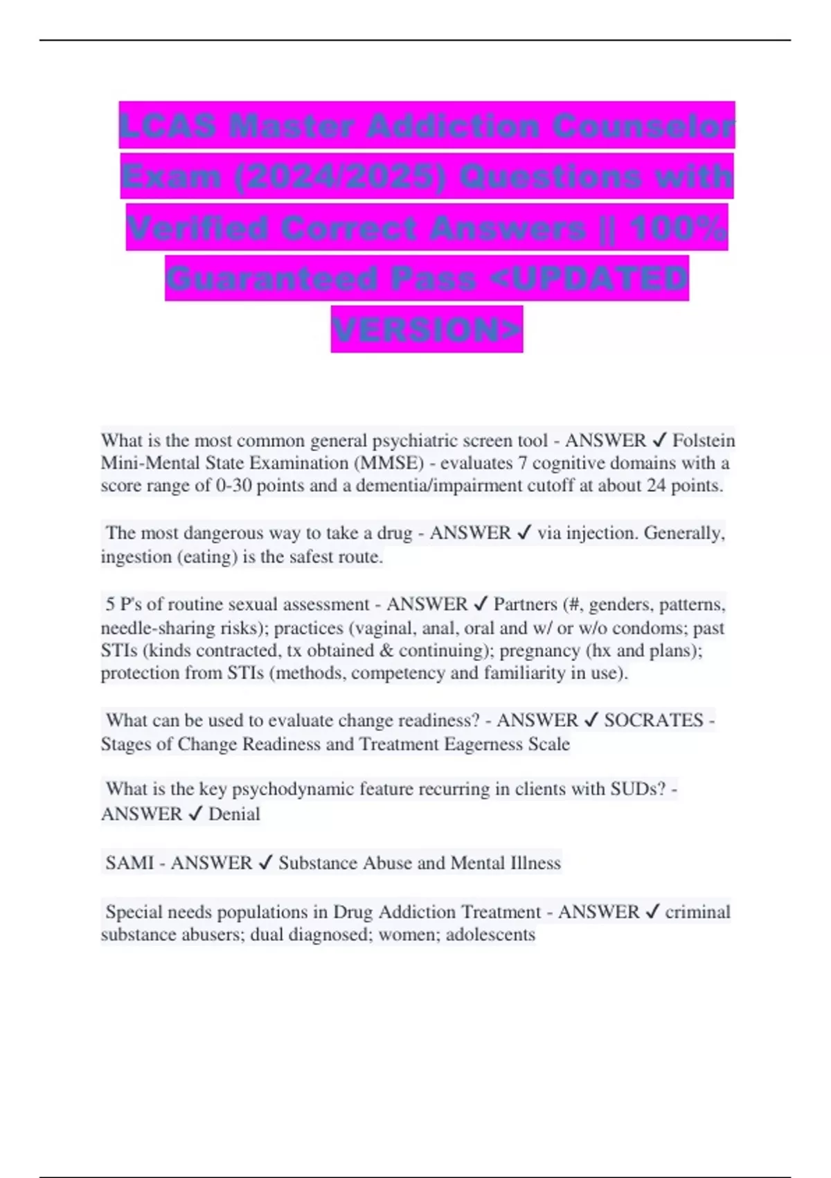 LCAS Master Addiction Counselor Exam (2024/2025) Questions with ...