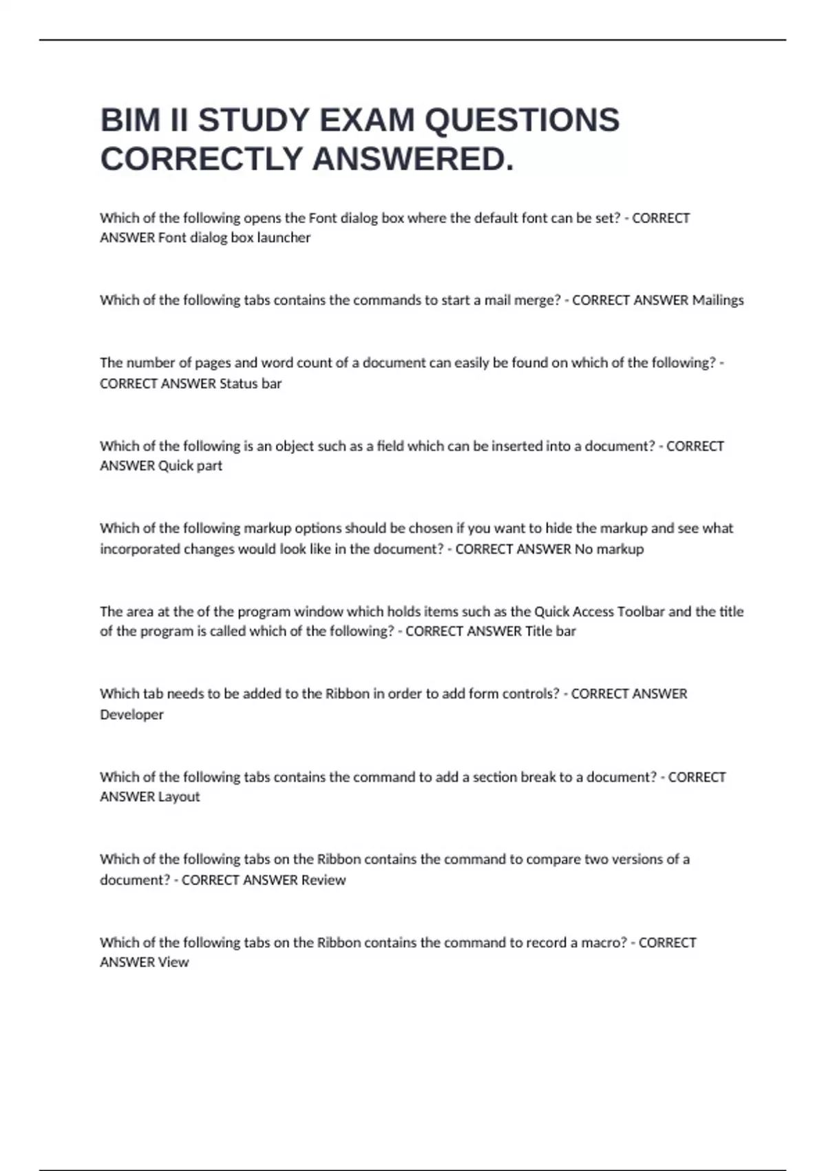 BIM II STUDY EXAM QUESTIONS CORRECTLY ANSWERED. - BIM - Stuvia US