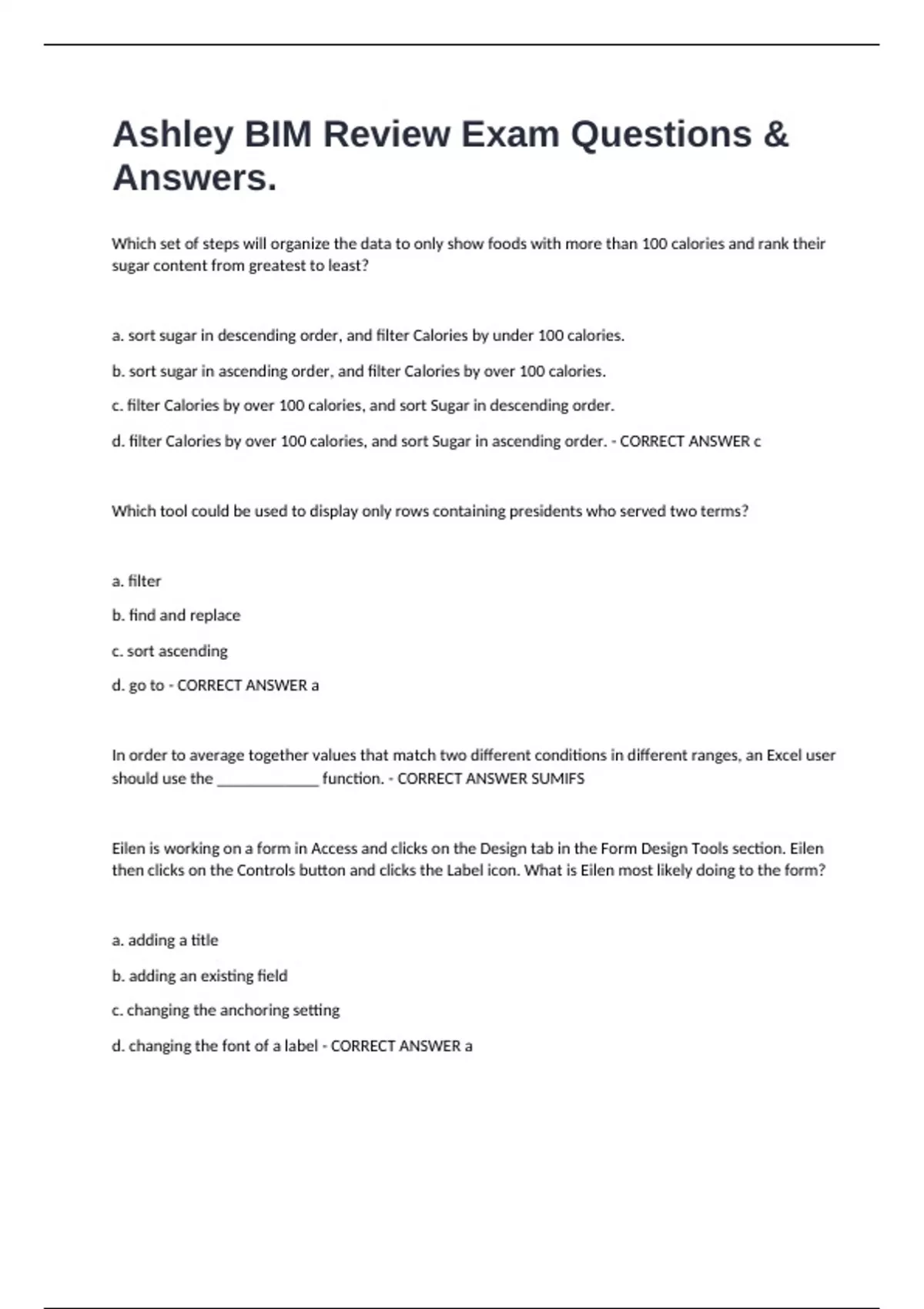 Ashley BIM Review Exam Questions & Answers. - BIM - Stuvia US