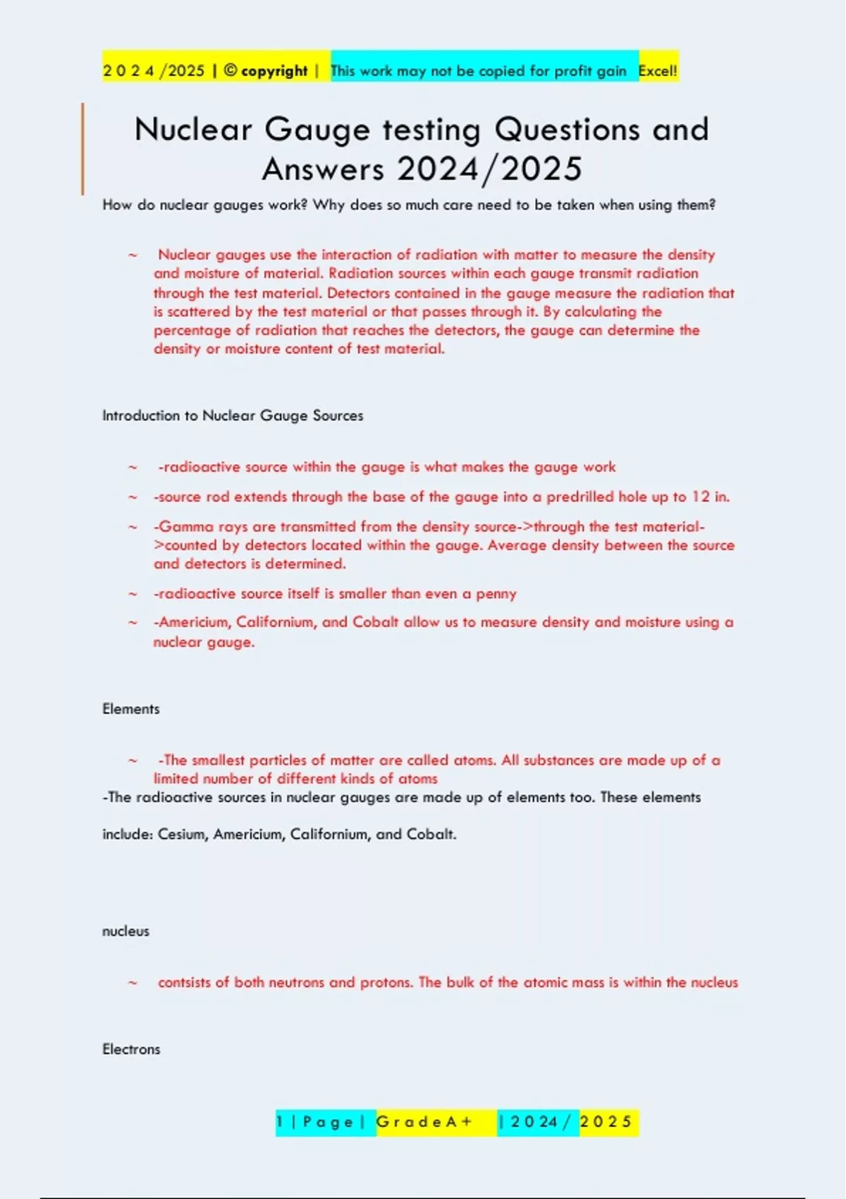 Nuclear Gauge testing Questions and Answers 2024/2025 - Nuclear Gauge ...