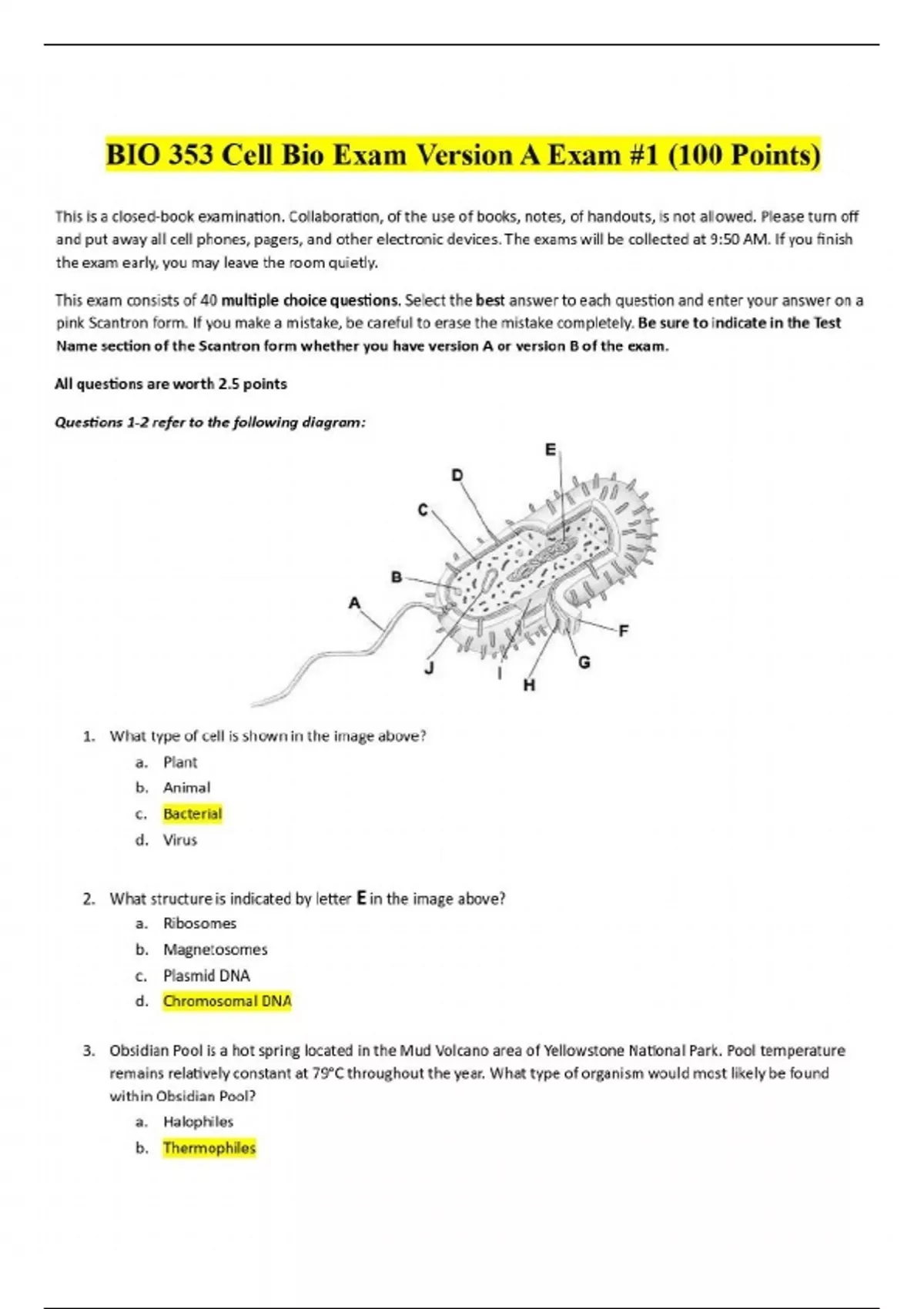 BIO 353 Cell Bio Exam Version A Exam #1 (100 Points)Complete Questions ...