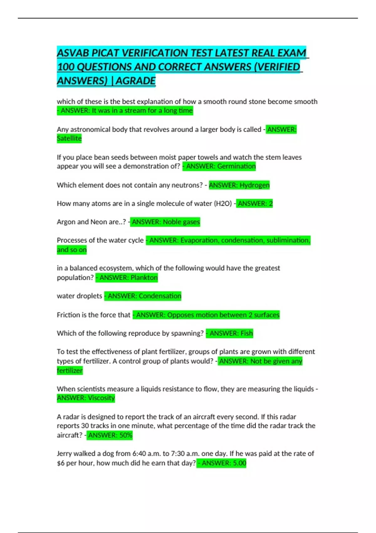 ASVAB PICAT VERIFICATION TEST - ASVAB PICAT VERIFICATION - Stuvia US