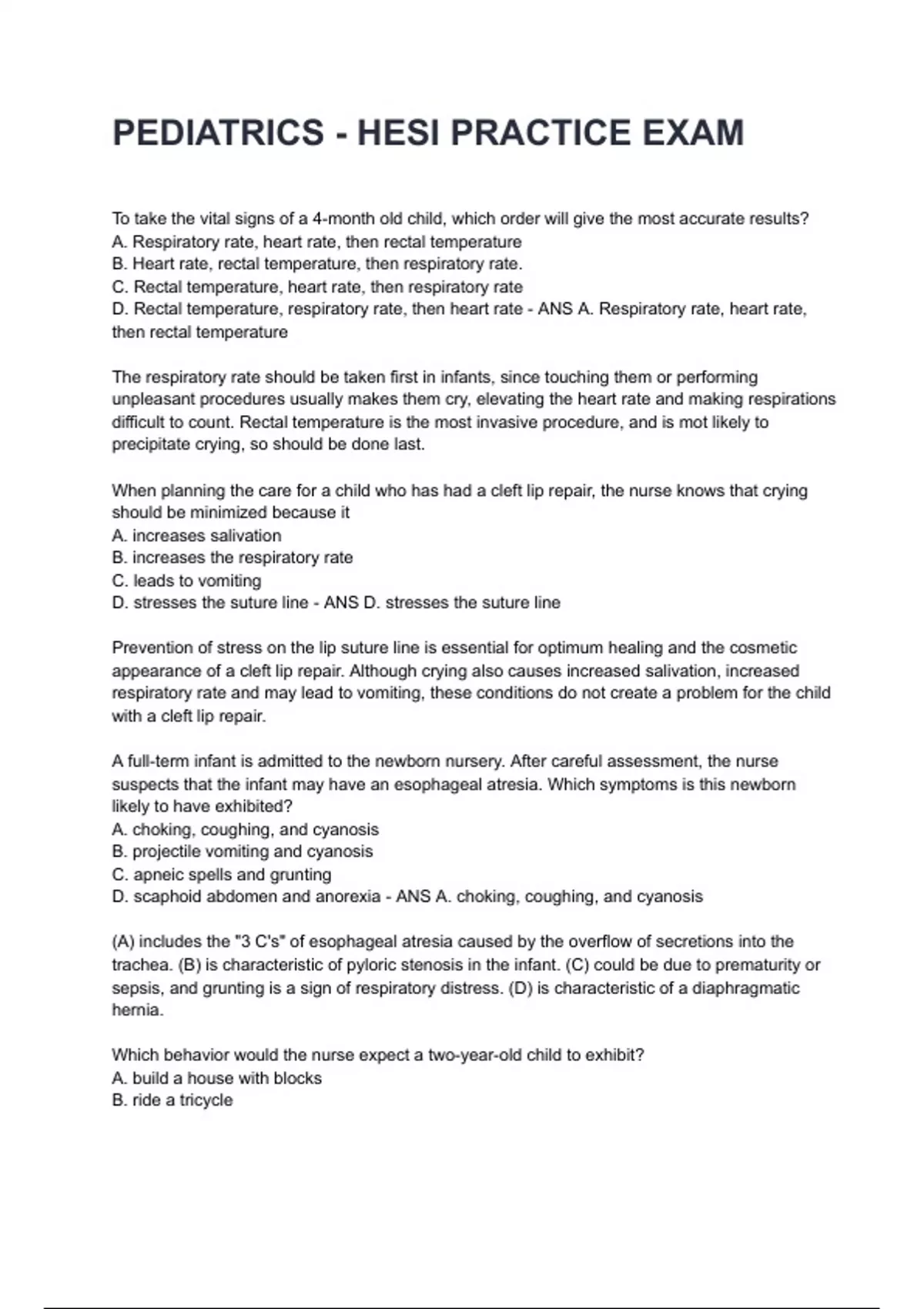 PEDIATRICS - HESI PRACTICE EXAM 2024/2025 Questions With Completed ...