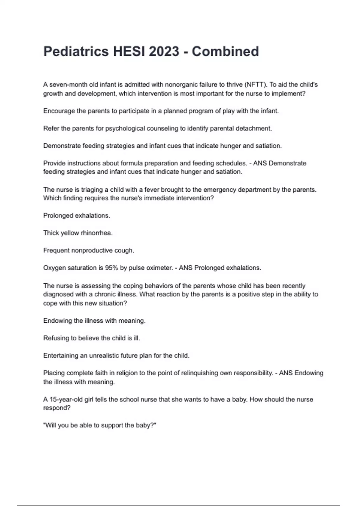 Pediatrics HESI 2024/2025 Combined Exam Questions With Completed ...