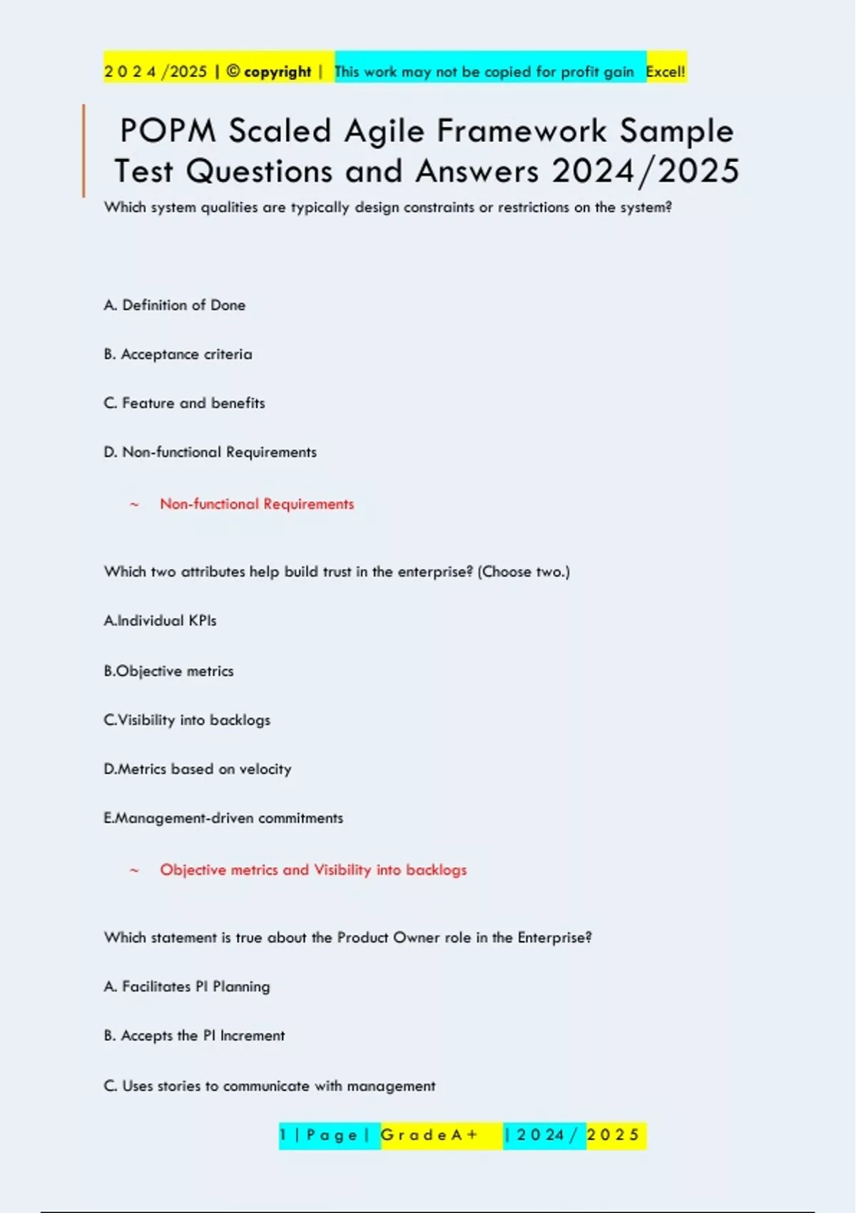 POPM Scaled Agile Framework Sample Test Questions and Answers 2024/2025 ...