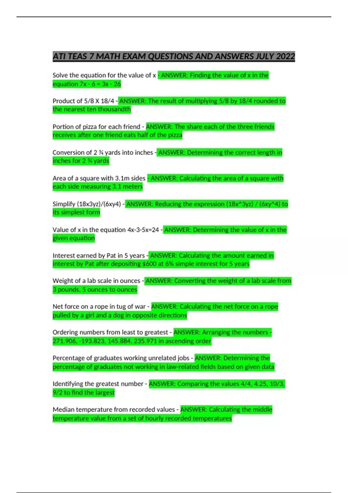 ATI TEAS 7 MATH EXAM QUESTIONS AND ANSWERS JULY 2022 - ATI TEAS 7 MATH ...