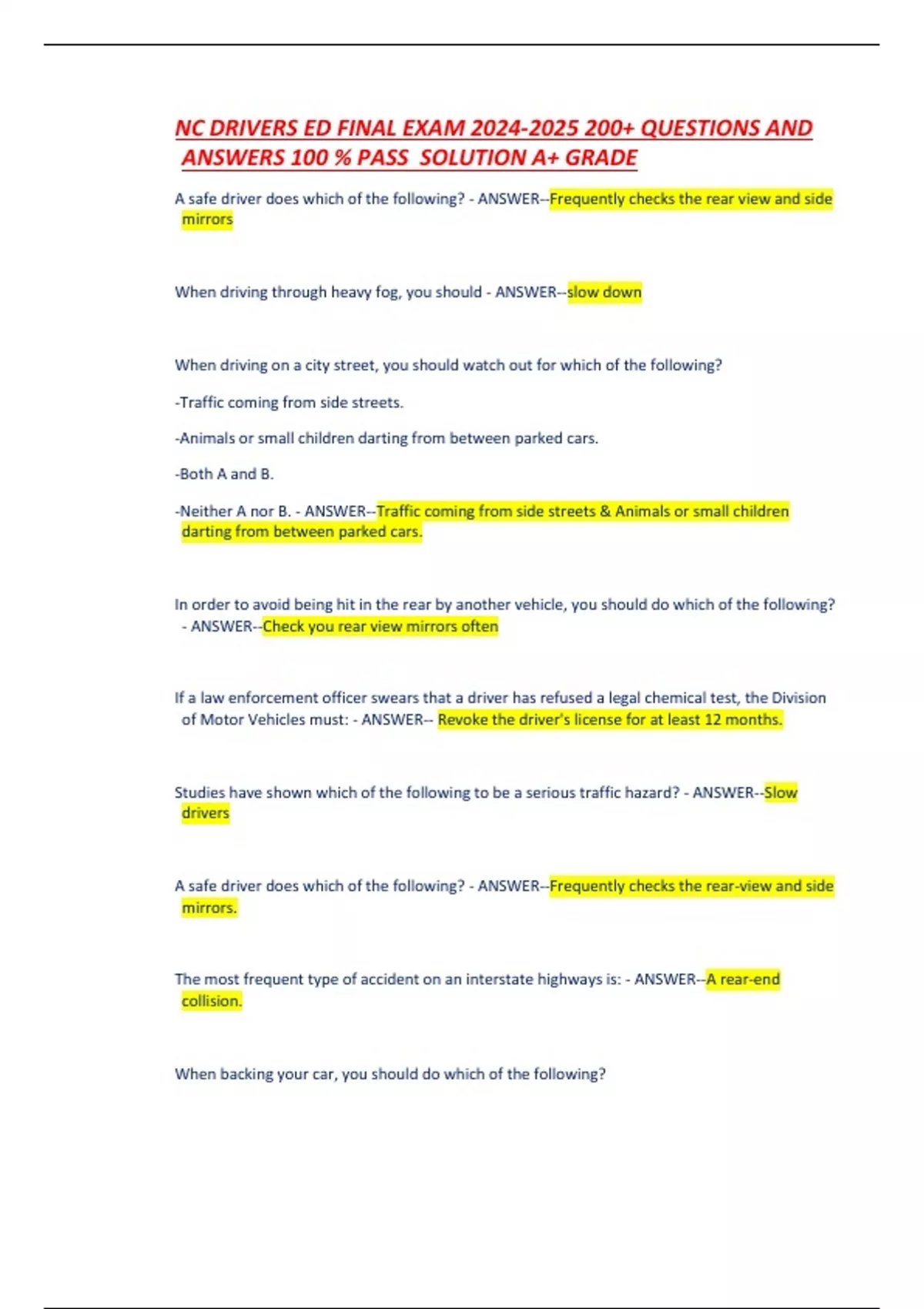 NC DRIVERS ED FINAL EXAM + QUESTIONS AND ANSWERS 100 % PASS SOLUTION A+ ...