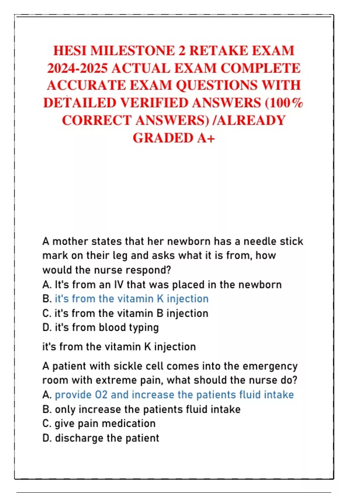 HESI MILESTONE 2 RETAKE EXAM ACTUAL EXAM COMPLETE ACCURATE EXAM ...