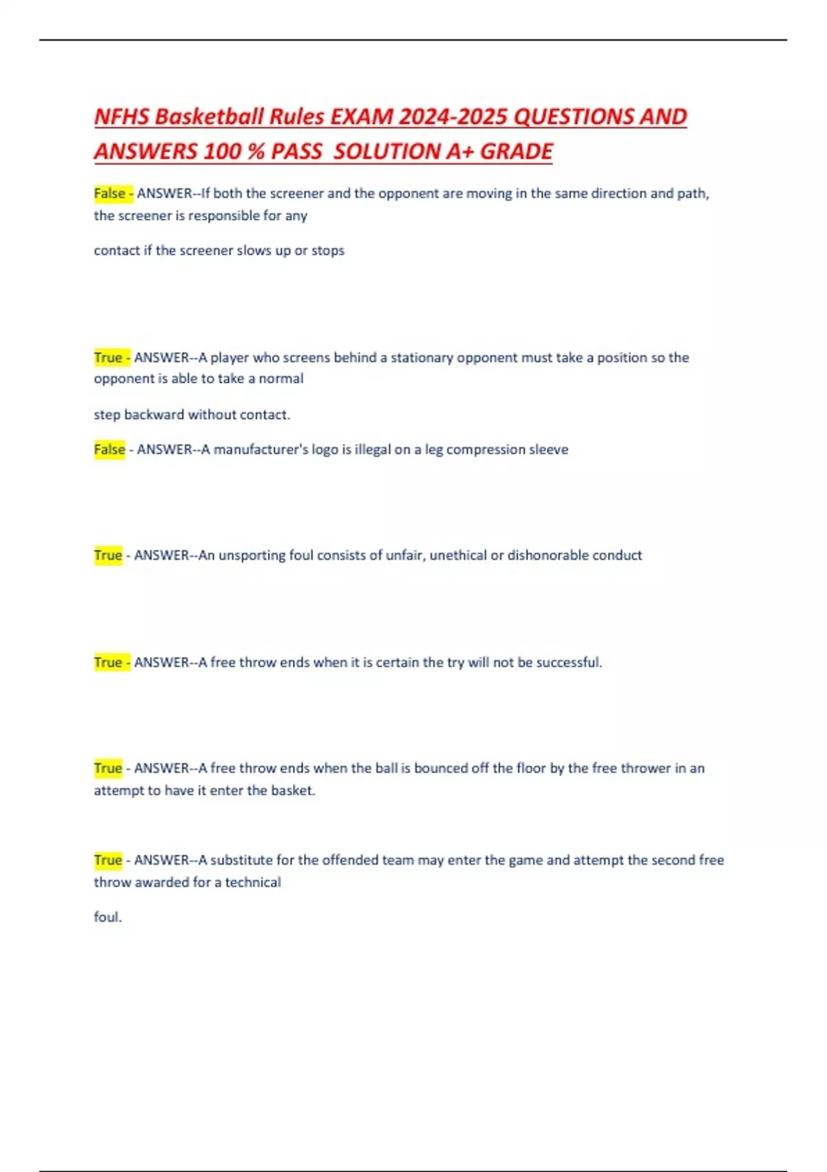 NFHS Basketball Rules EXAM QUESTIONS AND ANSWERS 100 % PASS SOLUTION A+ ...