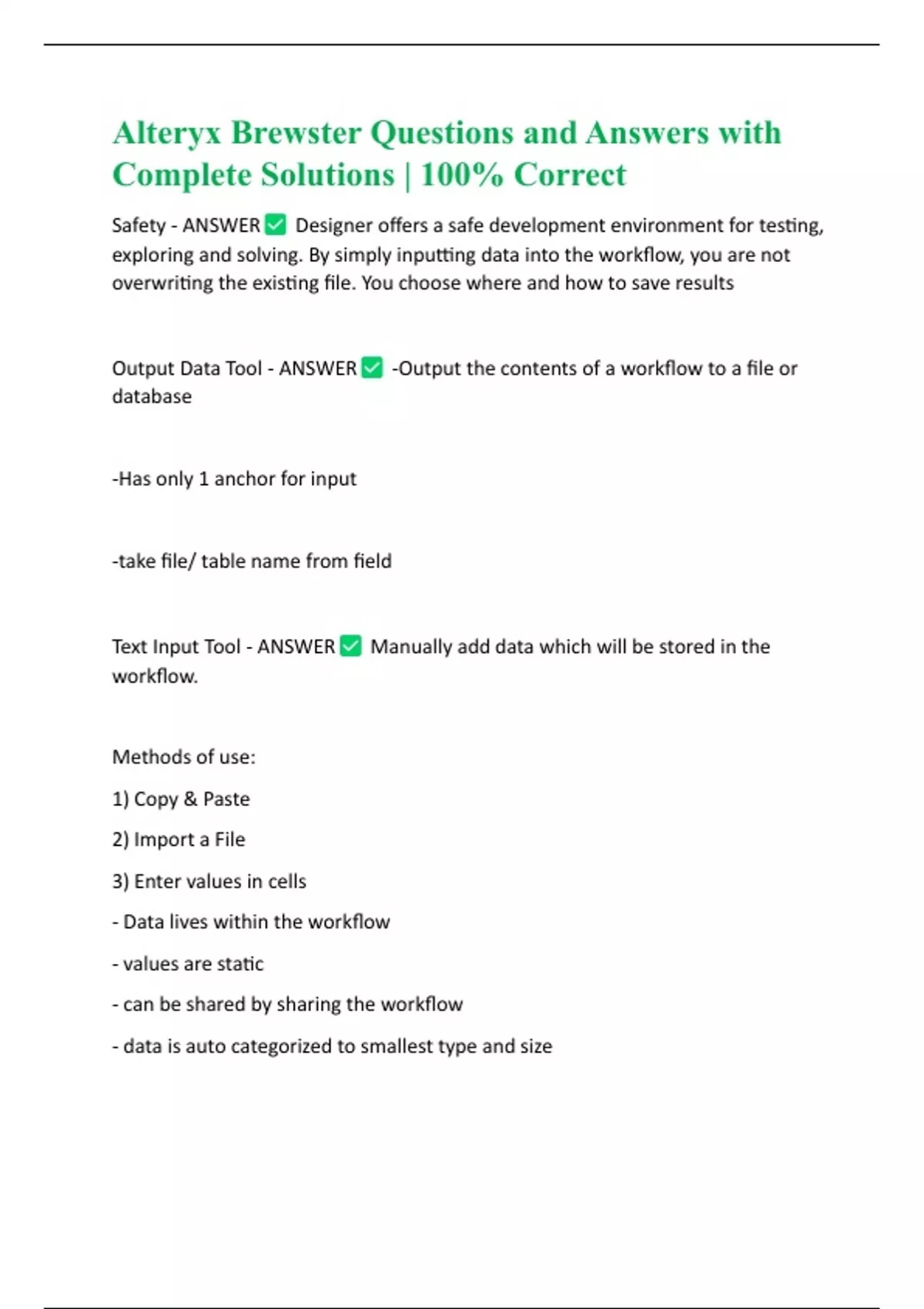 Alteryx Brewster Questions and Answers with Complete Solutions | 100% ...