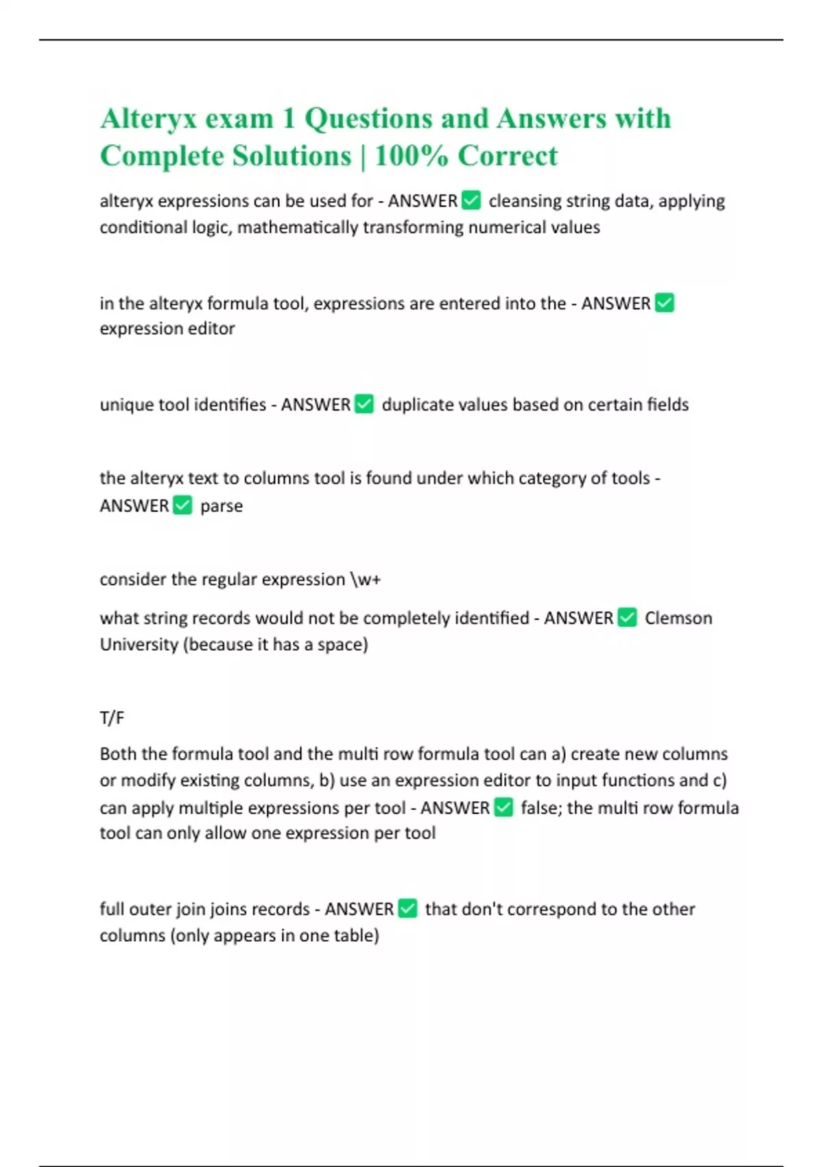 Alteryx exam 1 Questions and Answers with Complete Solutions | 100% ...