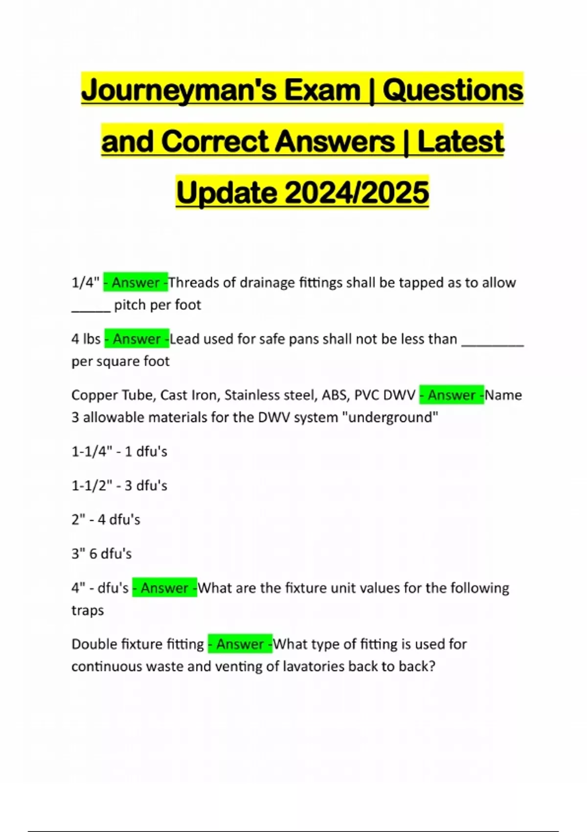 Journeyman's Exam | Questions and Correct Answers | Latest Update 2024/ ...