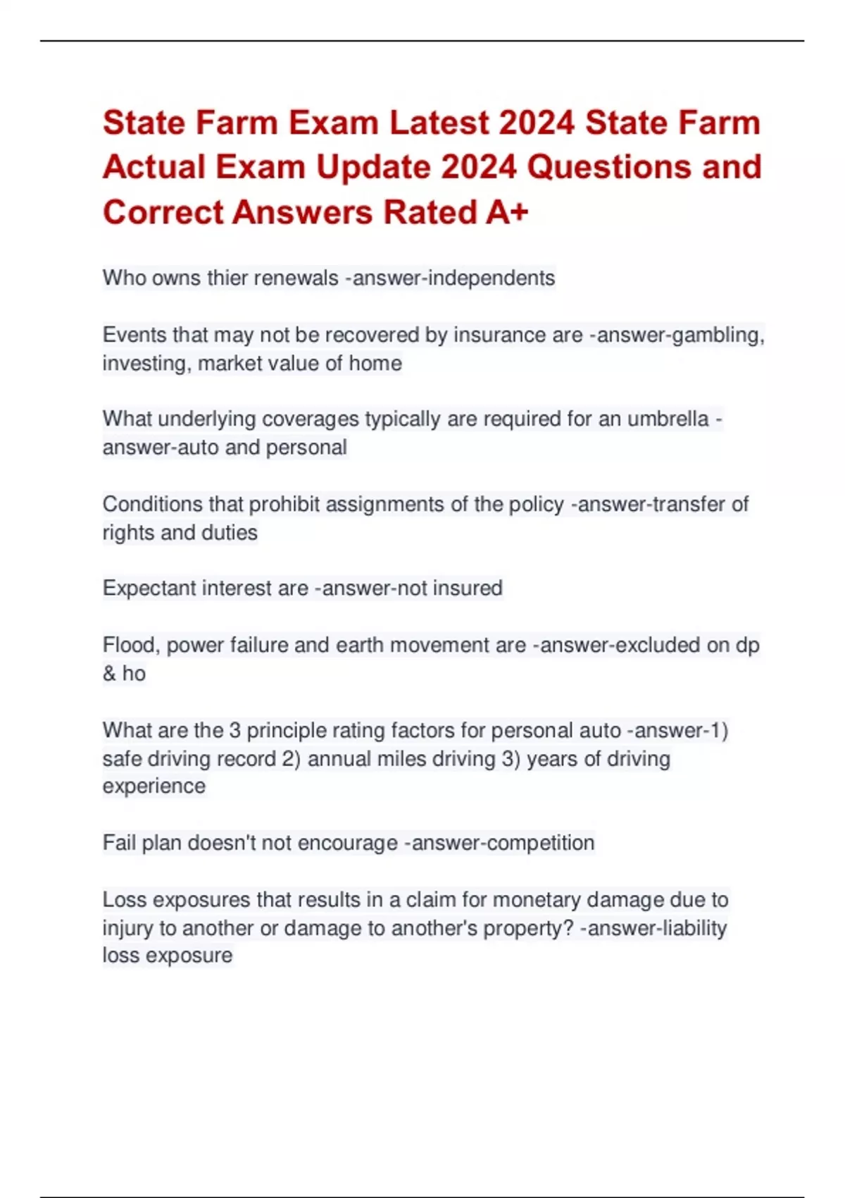 State Farm Exam Latest 2024 State Farm Actual Exam Update 2024 ...