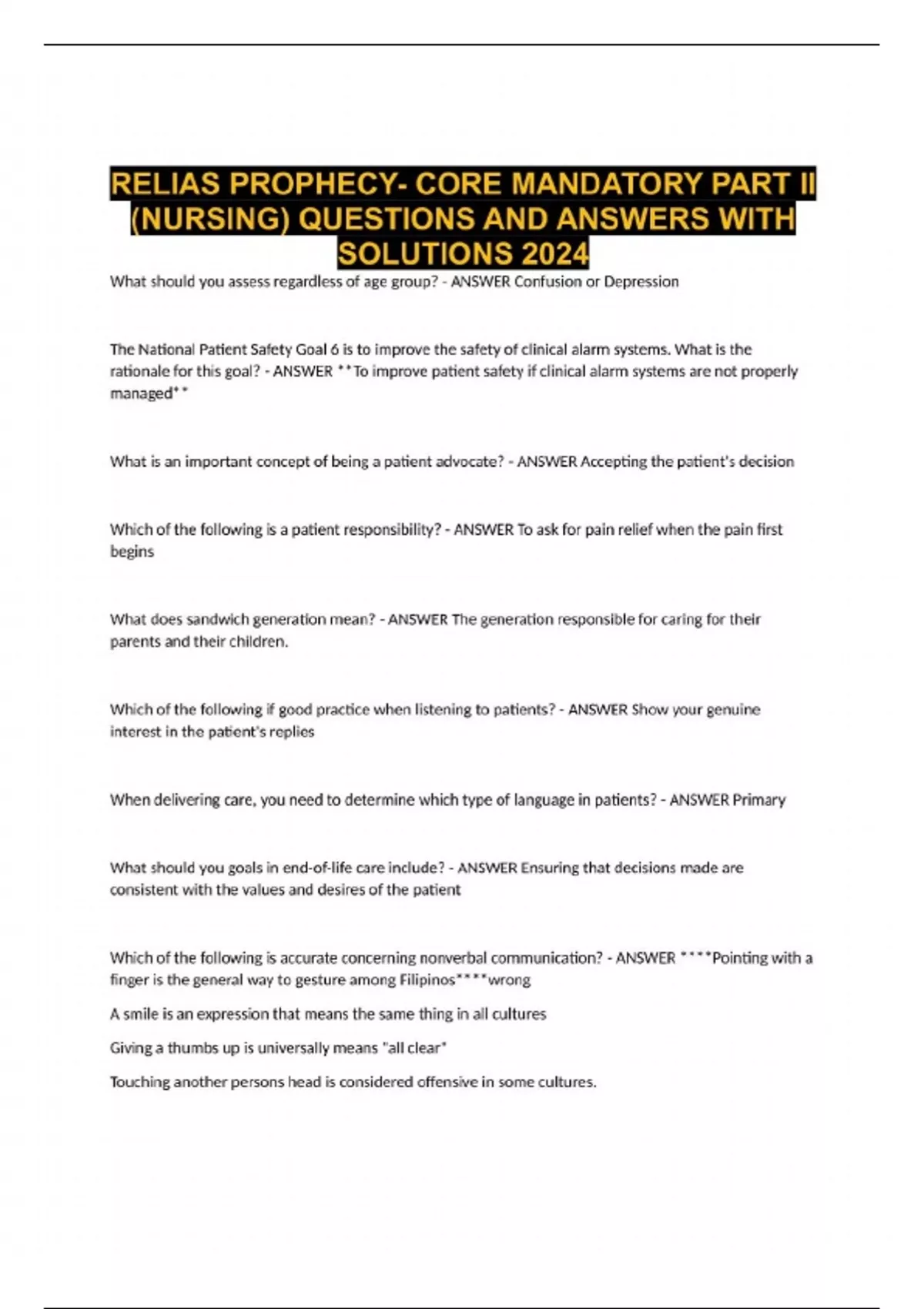 RELIAS PROPHECY- CORE MANDATORY PART II (NURSING) QUESTIONS AND ANSWERS ...
