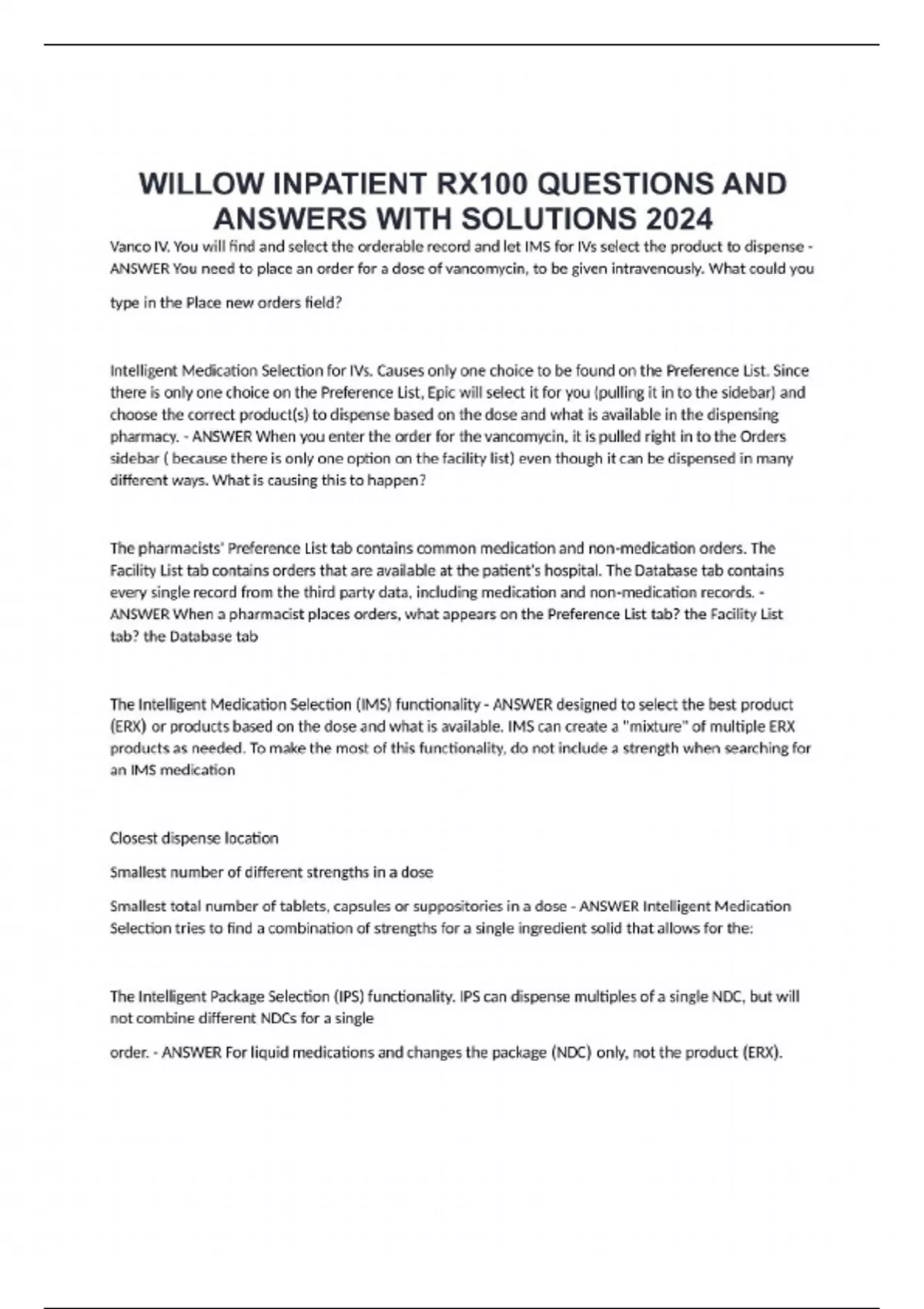 WILLOW INPATIENT RX100 QUESTIONS AND ANSWERS WITH SOLUTIONS 2024 - Epic ...